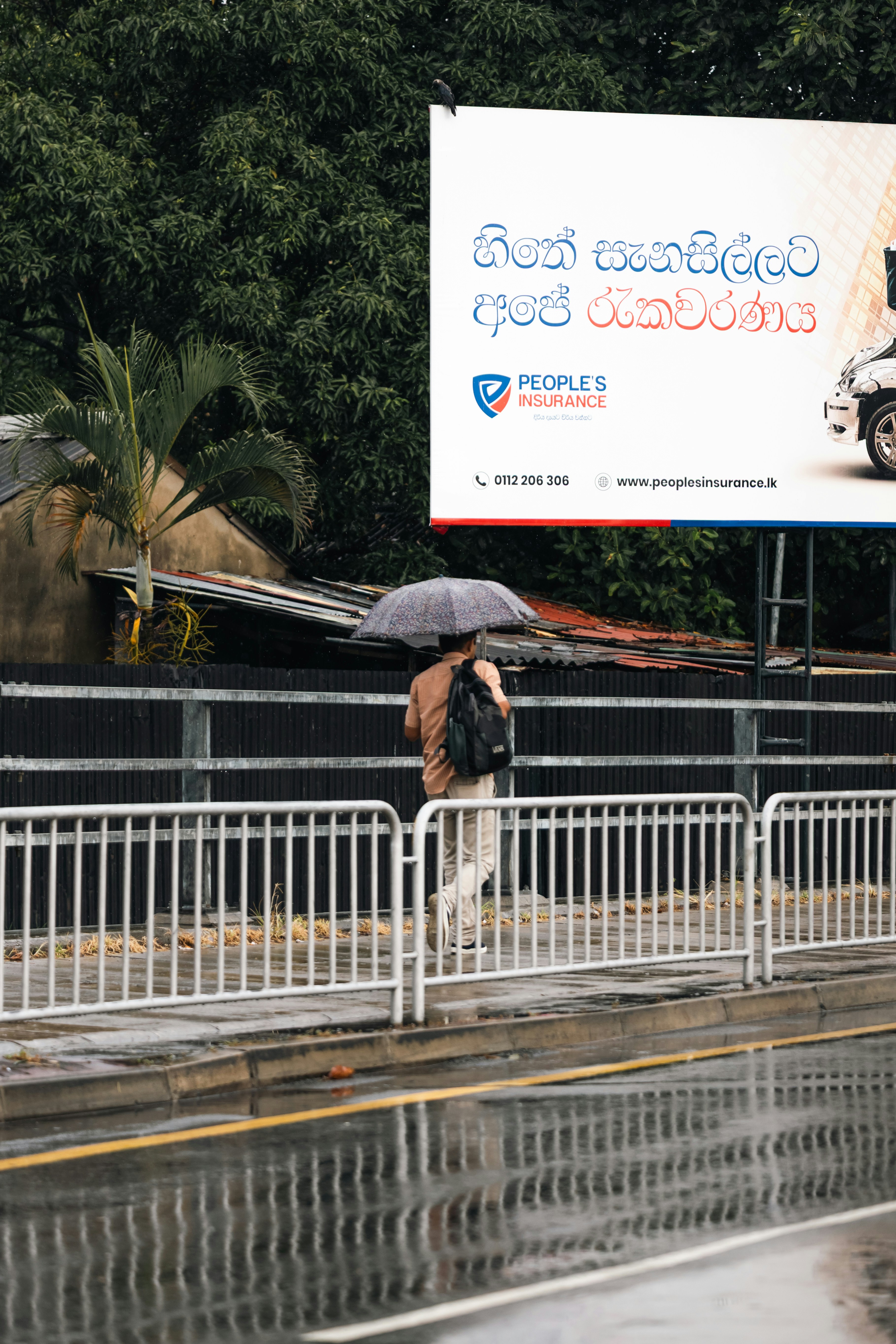 Umbrella in Rain: A Quiet Moment by the Billboard