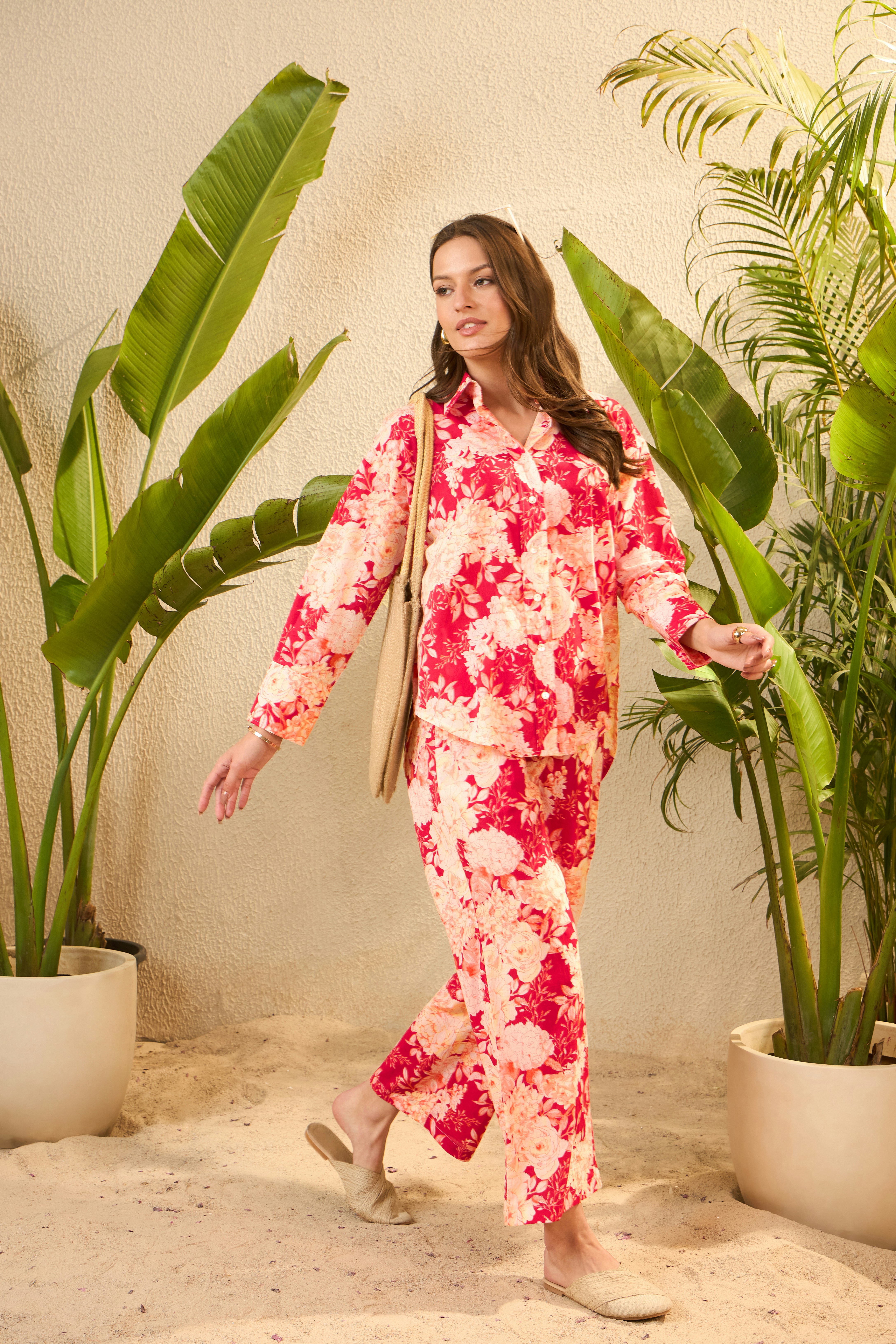 Elevate your spring and summer fashion with this stunning Red Floral Co-ord Set. This comfortable and stylish shirt and wide-leg trouser matching set is perfect for vacation outfits, resort wear, or a chic brunch look. Shop : https://imana.in/collections/all