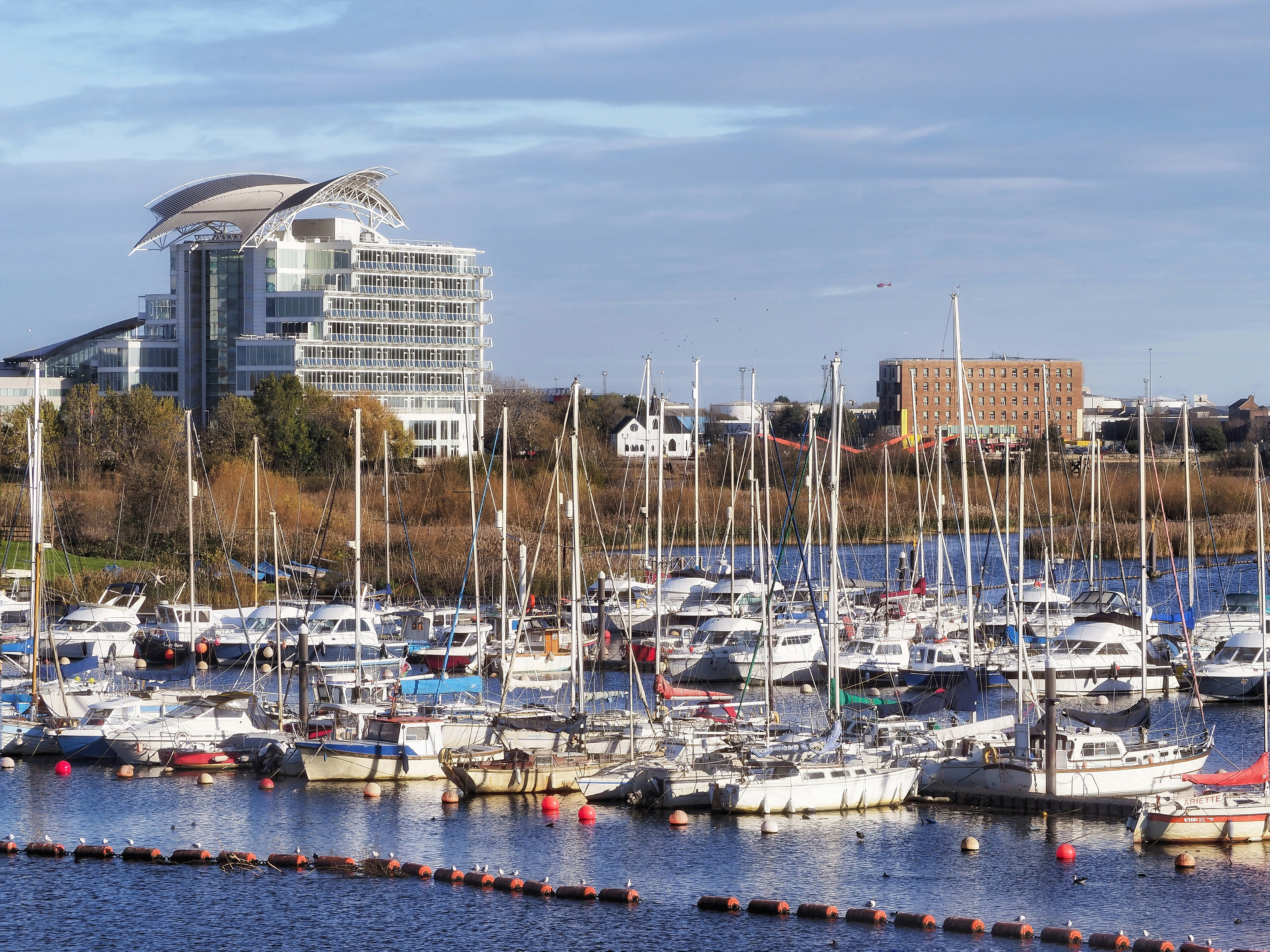 Harbor Mosaic: Sailboats and Modern Architecture by the Docks