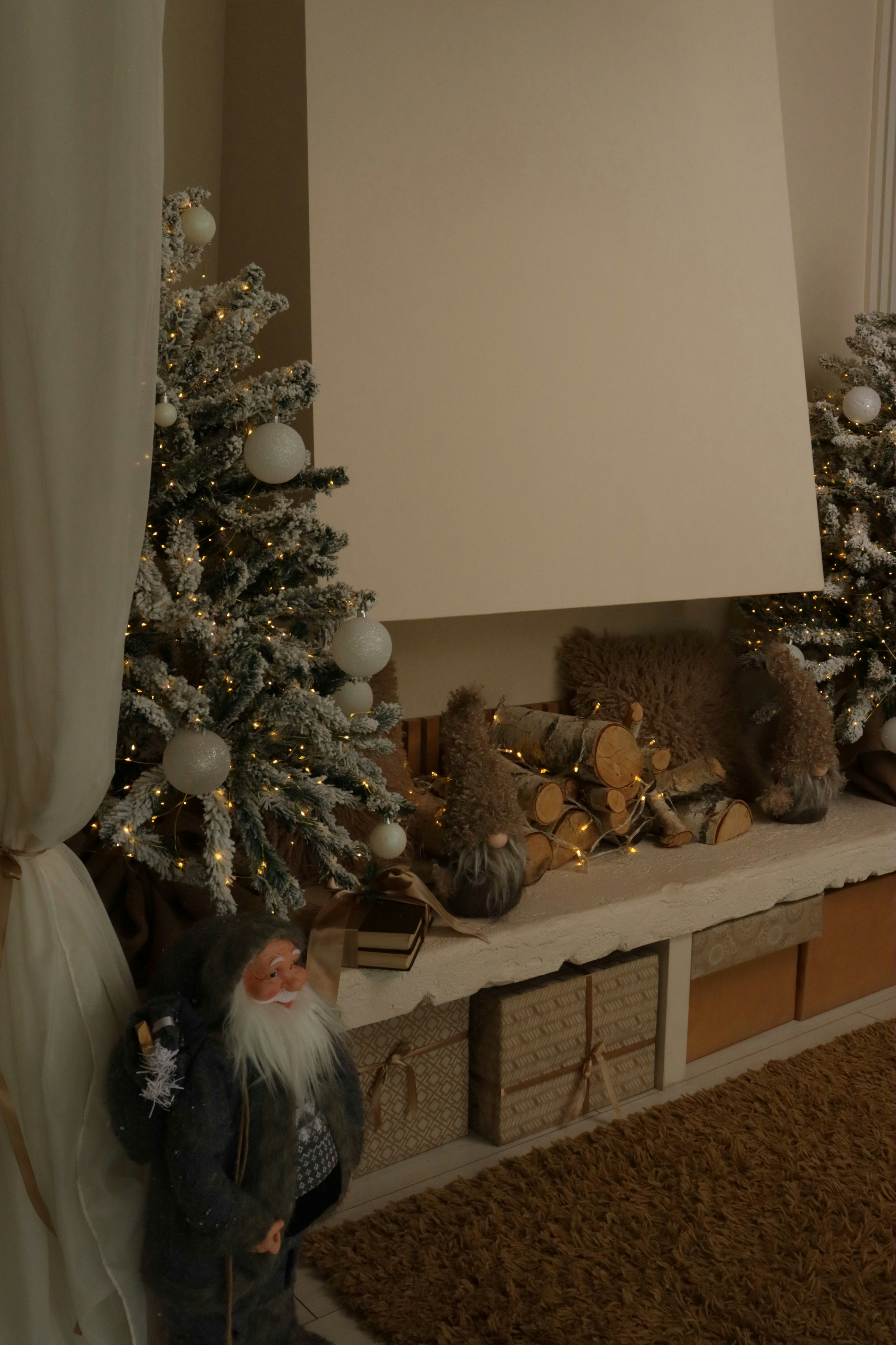 Whimsical Holiday Corner: Snowy Trees and Cozy Shelves