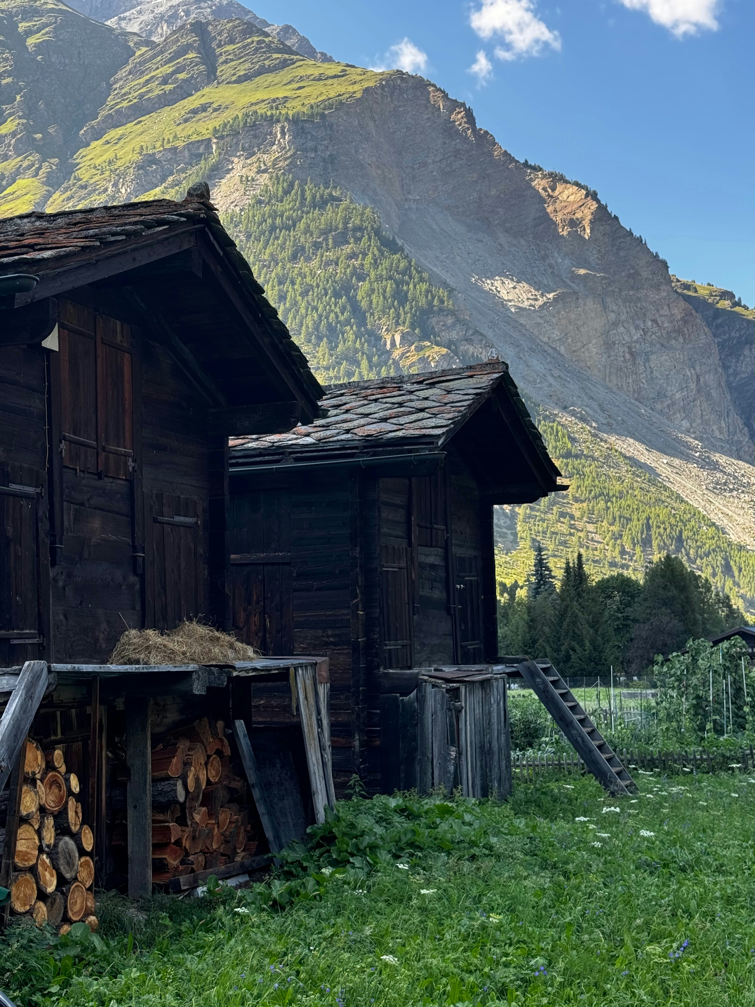 Wooden chalets at the foot of alpine cliffs