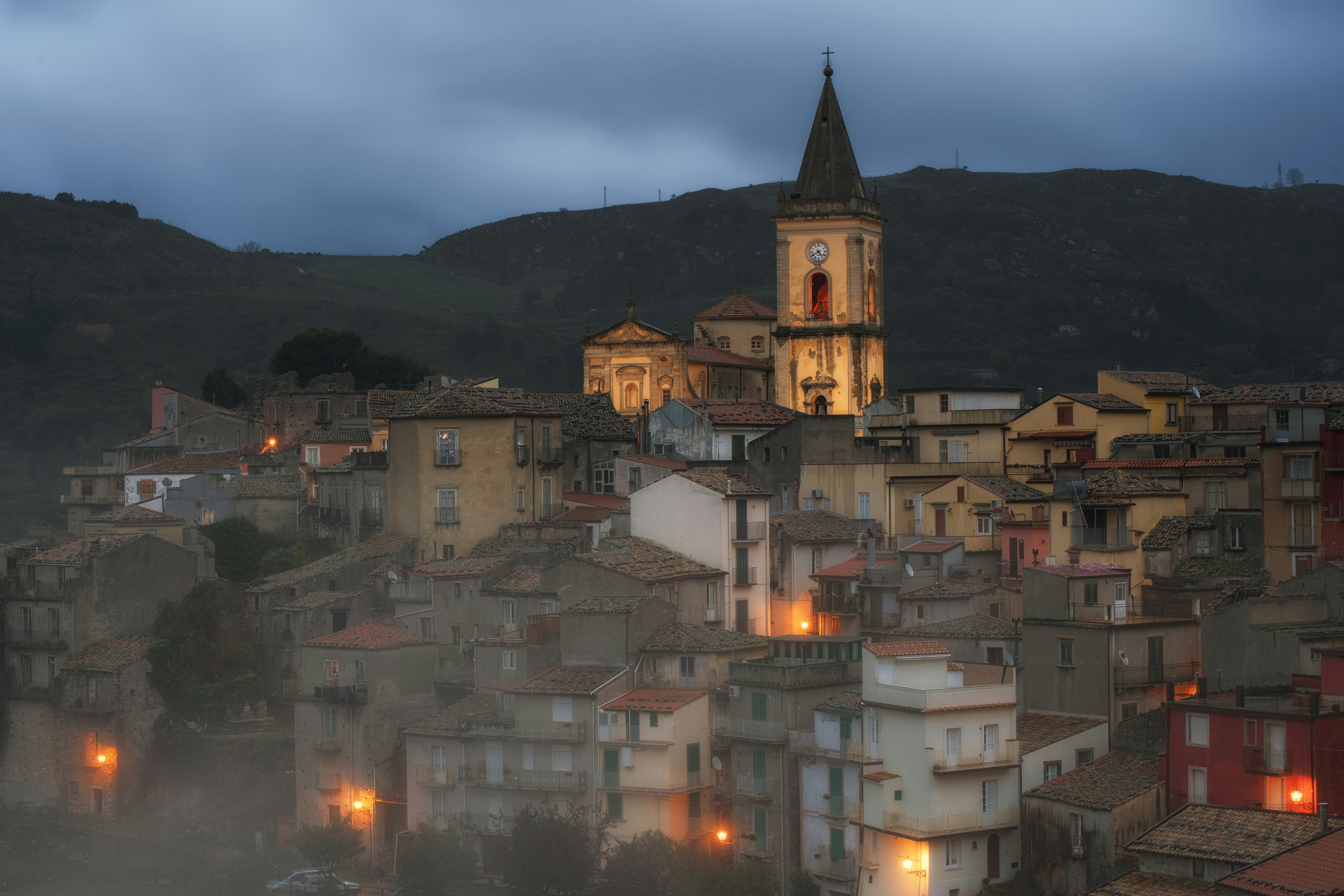 Evening Bell Tower over a Quiet Hilltown