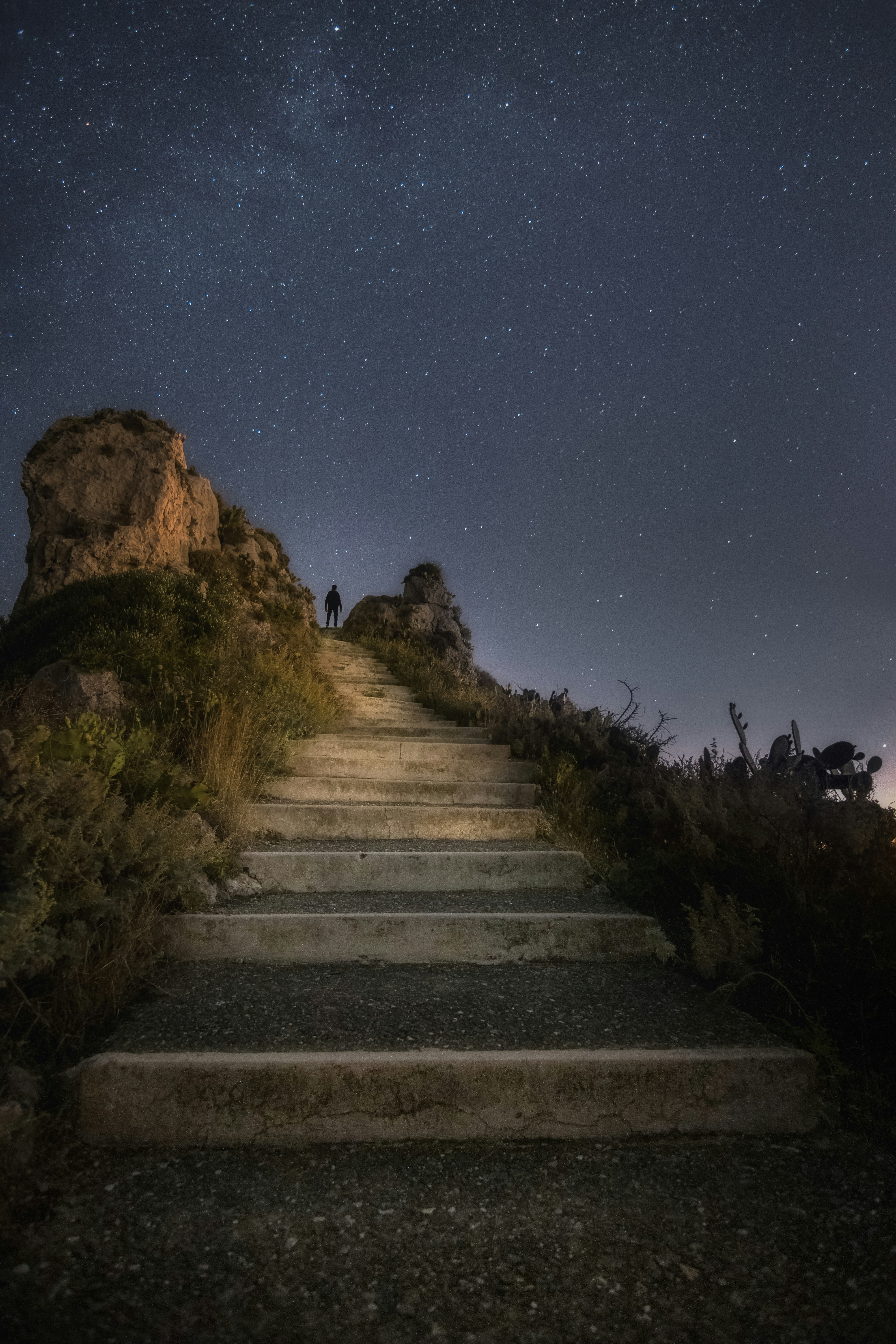 Starry Ascent: A Lone Figure on Moonlit Steps