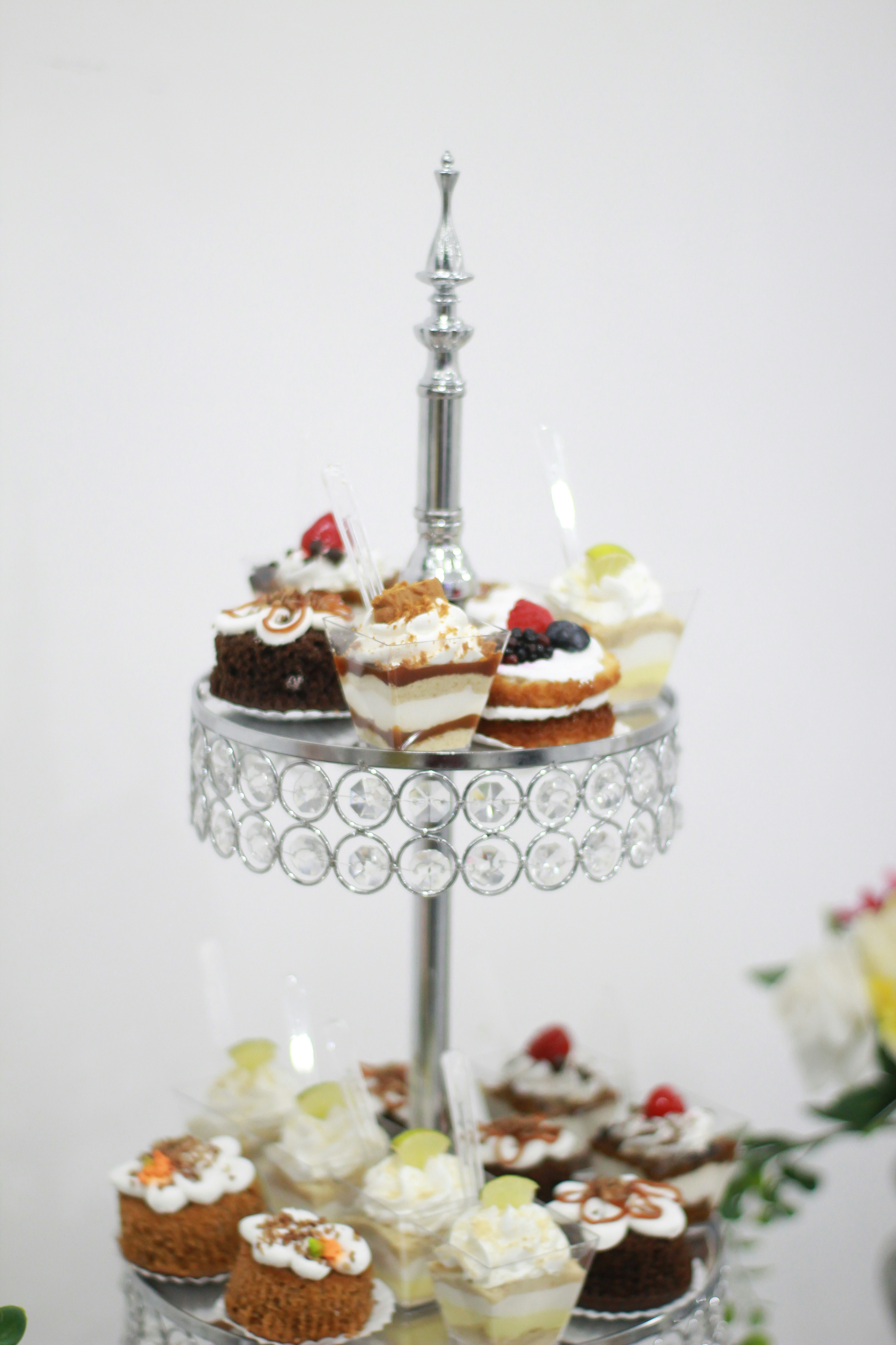 Tiered Dessert Tower: Elegance in White and Silver