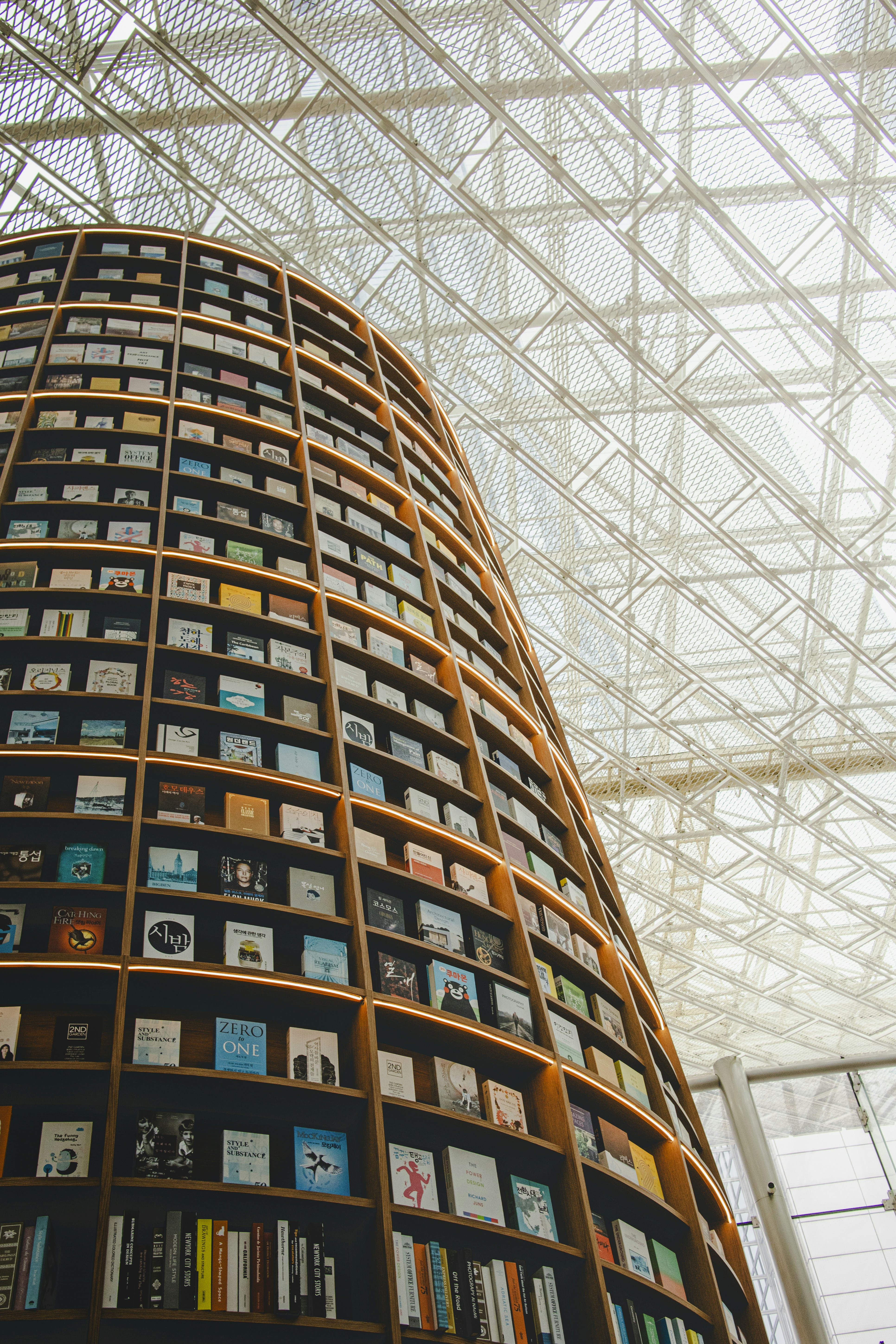 Tall, curved bookshelf filled with books photo – Free Architecture ...