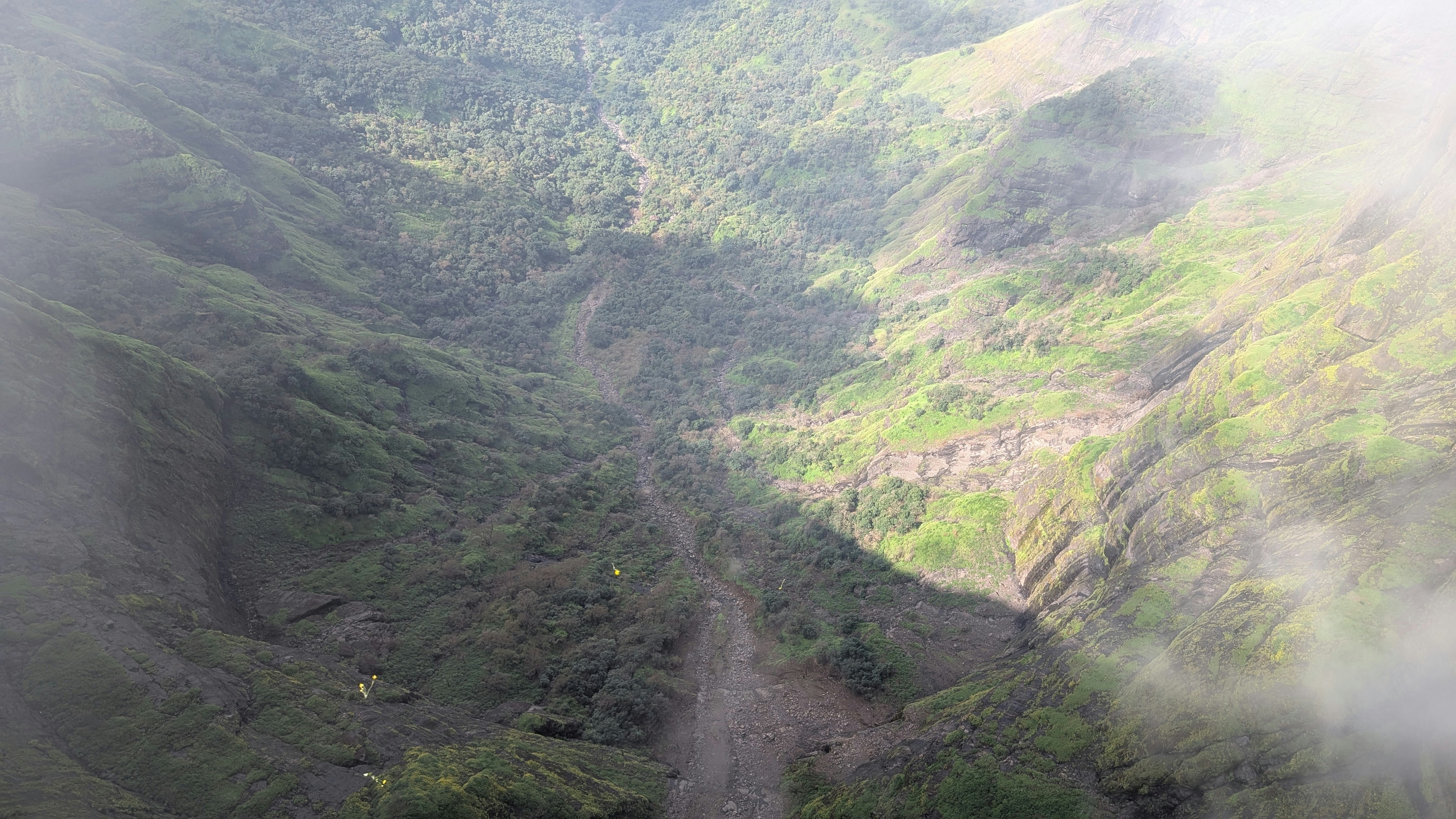 A landslide scars a lush green mountainside with debris.