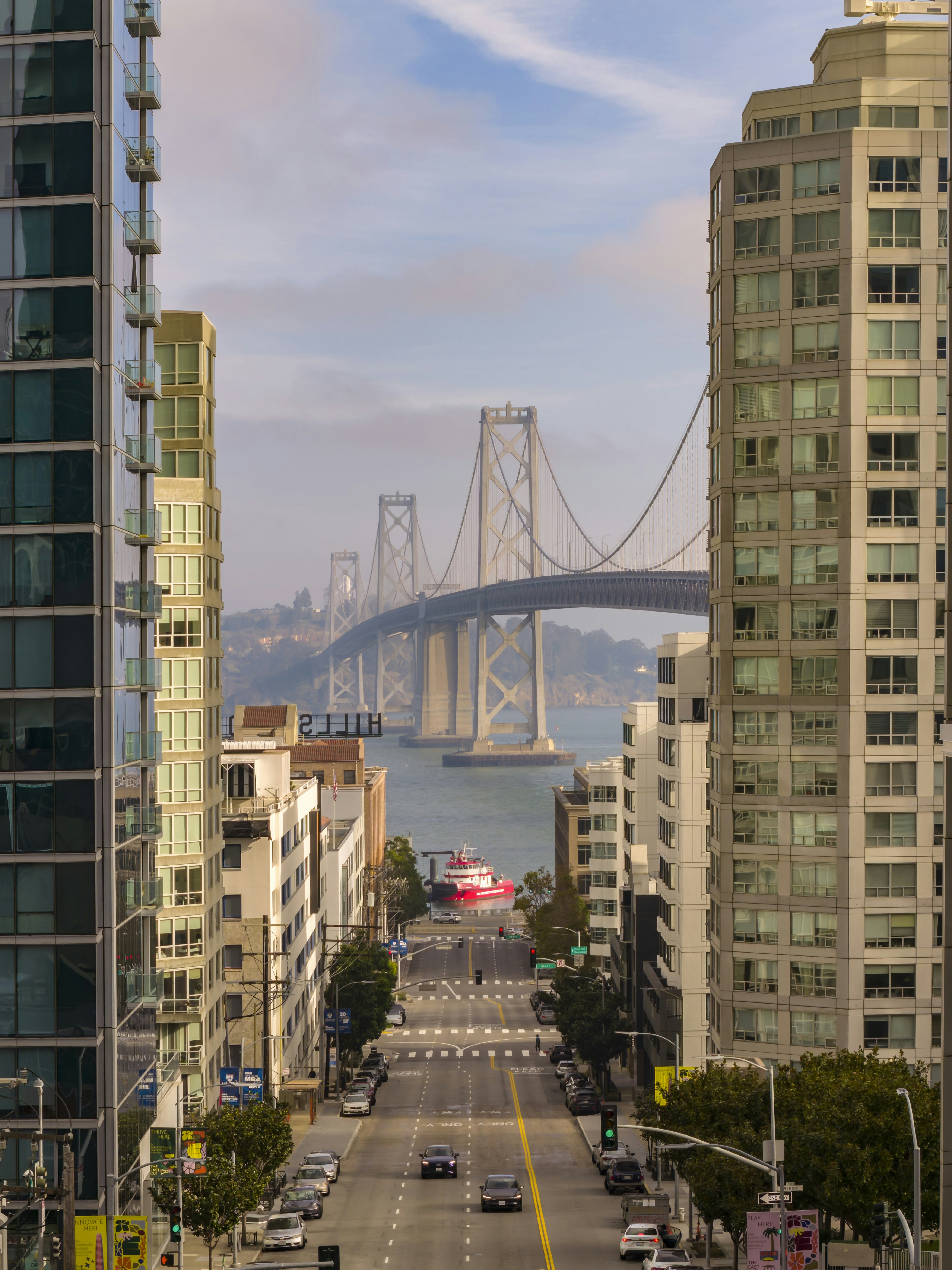 View of a bridge between city buildings