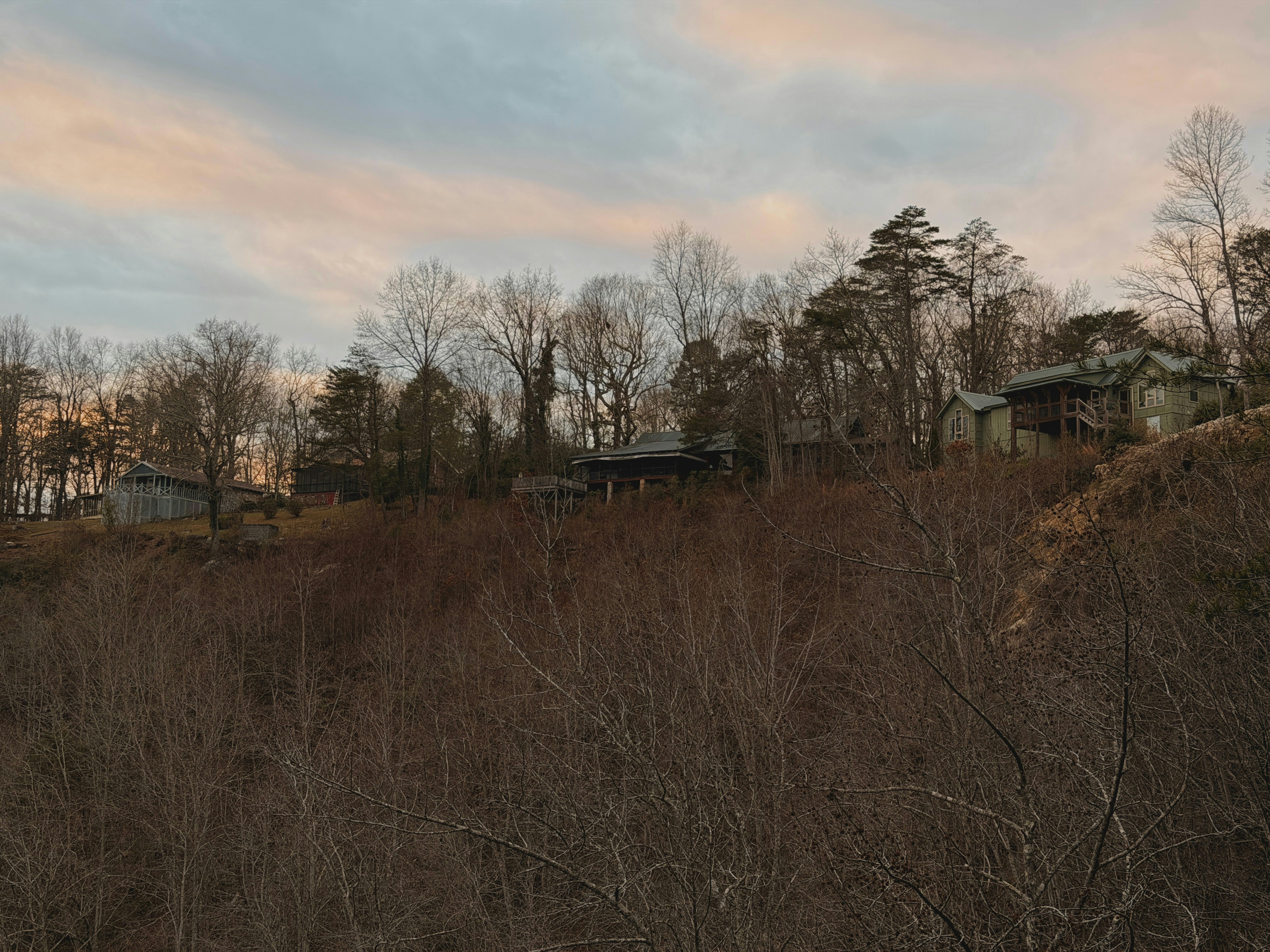 Ridgeview Dusk: Watched by Bare Pines and Quiet Homes
