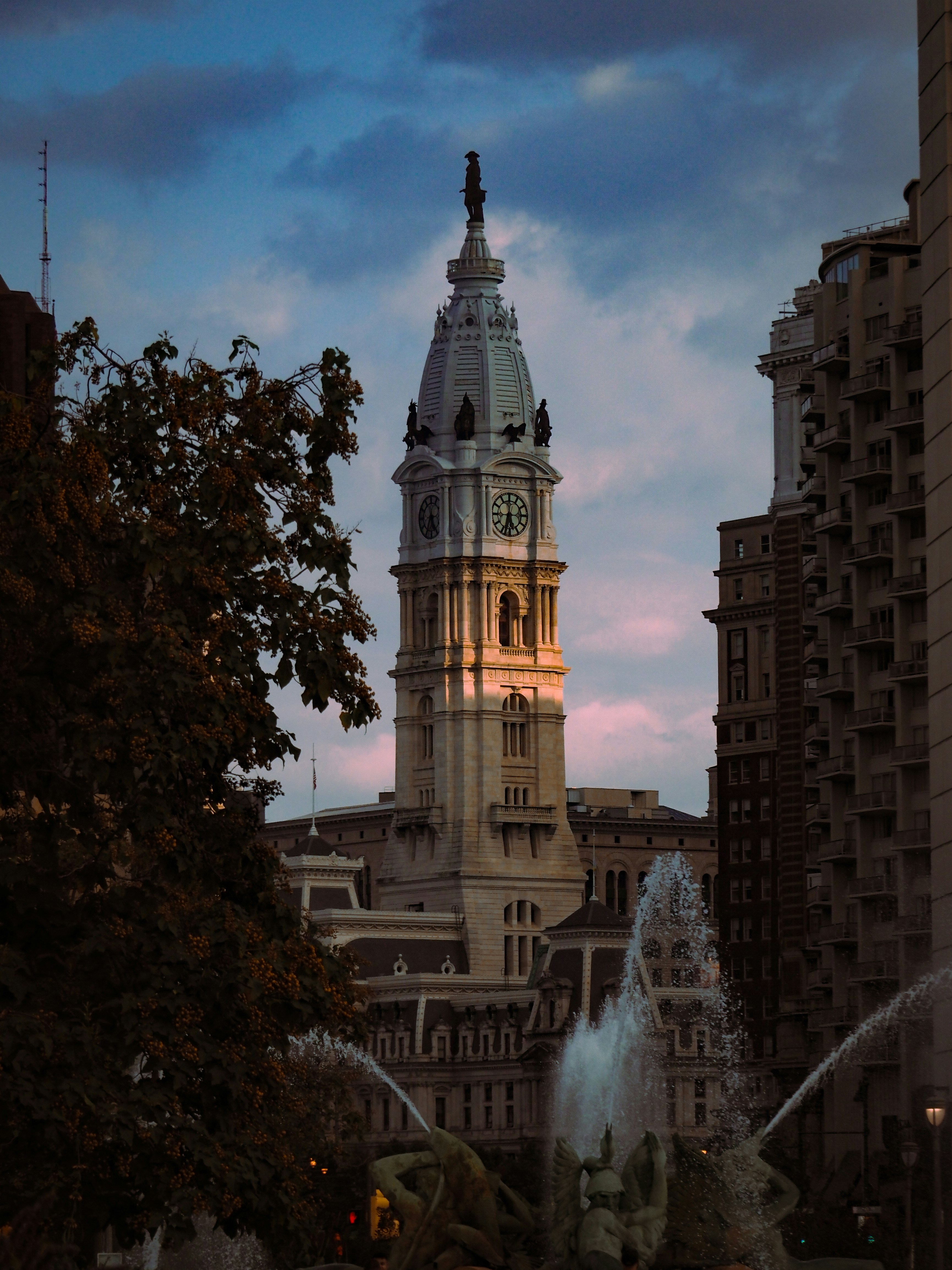Clocktower Veil: Urban Bloom Under Evening Sky