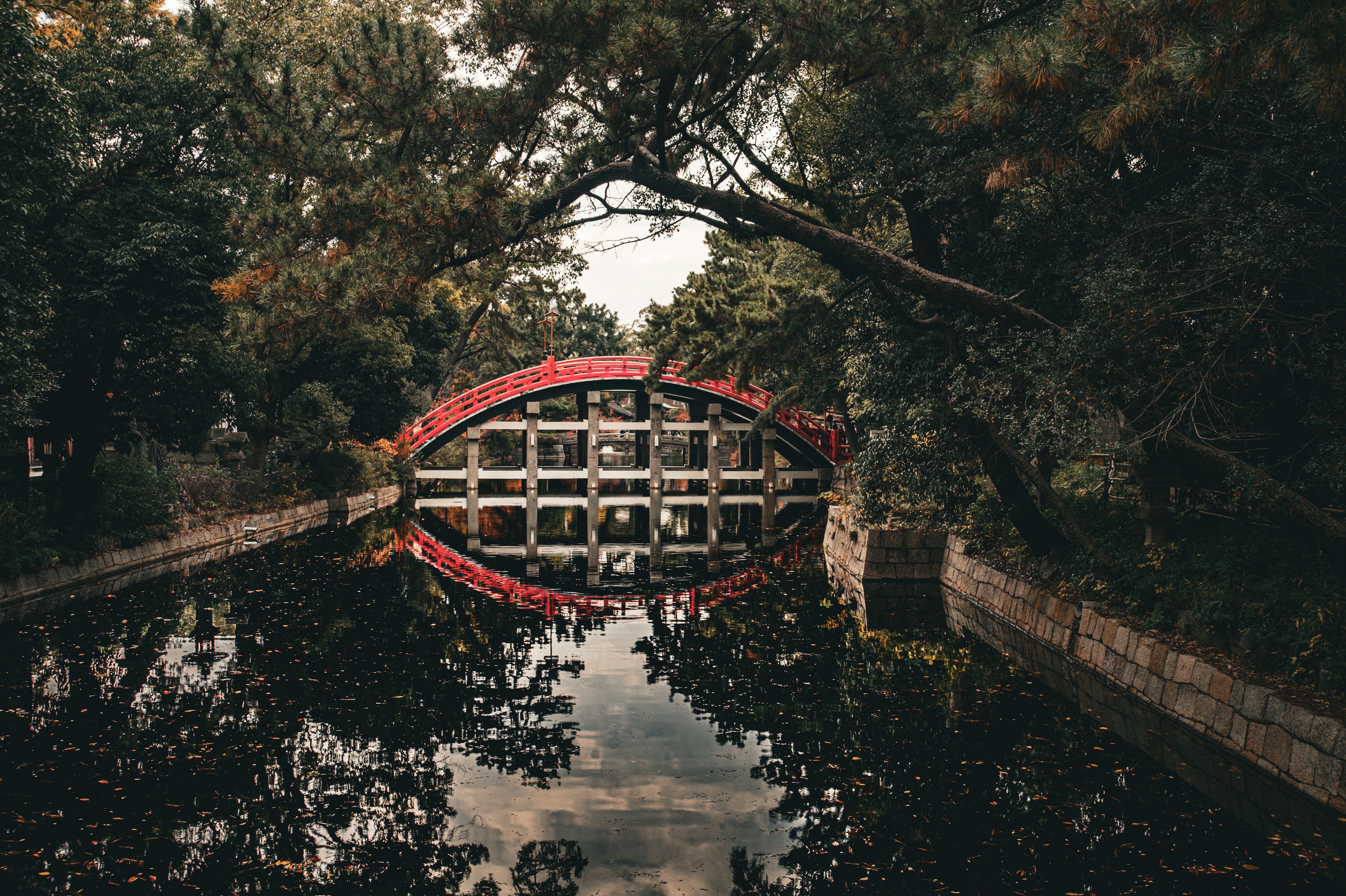 Red-arced Bridge Framed by Reflections in a Tranquil Canal