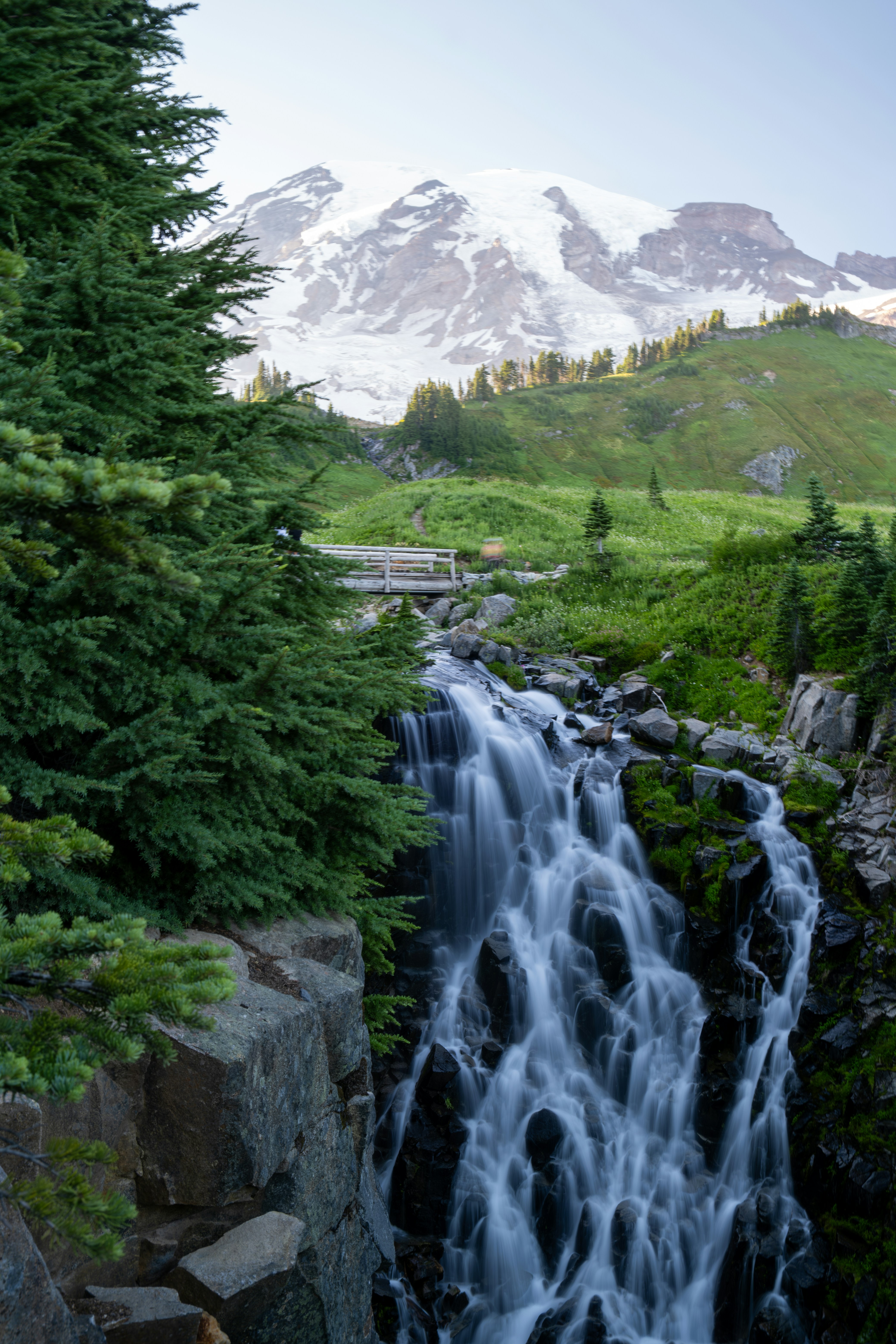 A long-exposure waterfall along the Skyline Trail in Mount Rainier National Park, framed by evergreens and opening up to the glacier-covered peak on a clear summer evening.