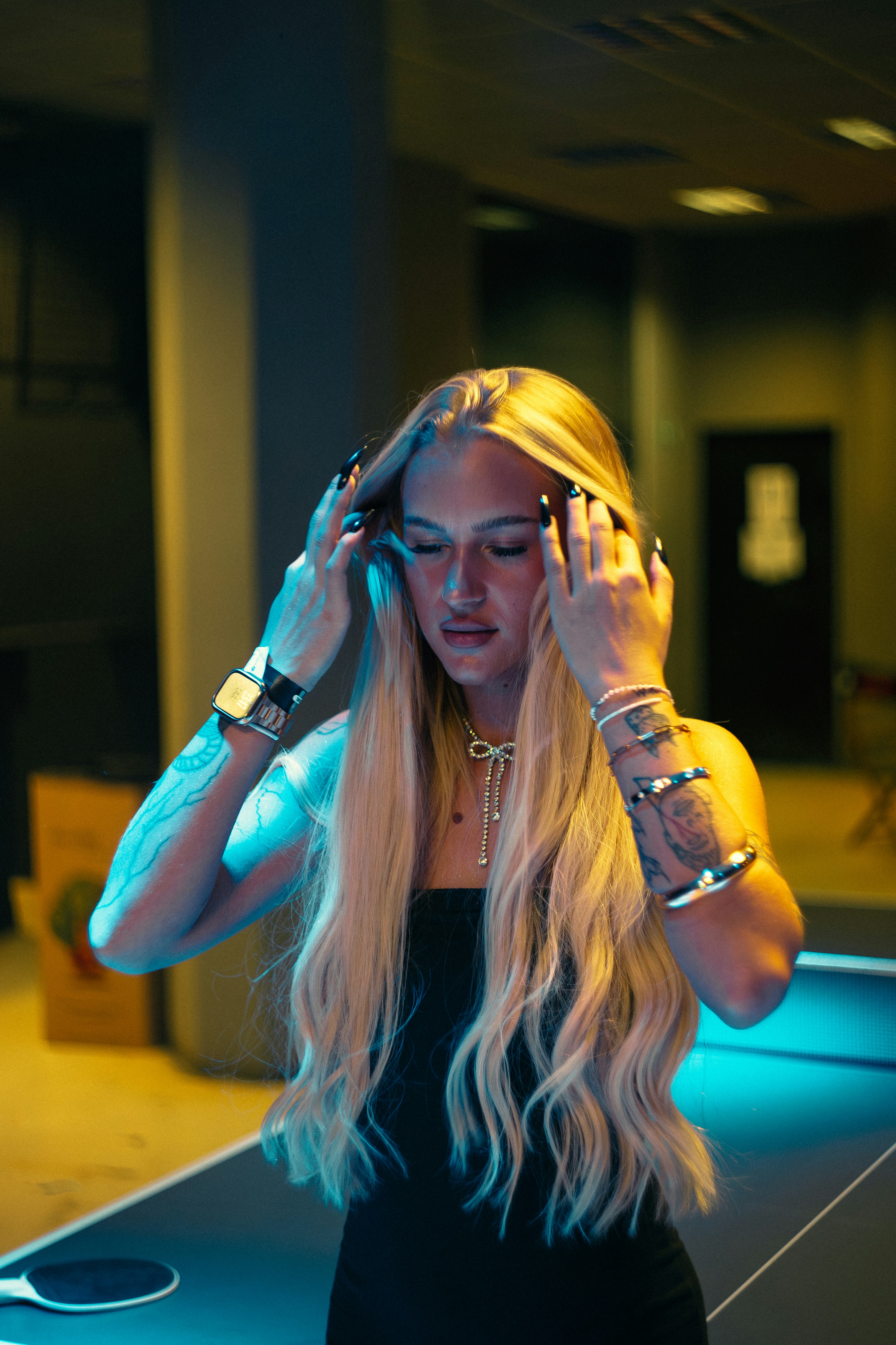 Neon Evening: Headphones and Halos of Blonde