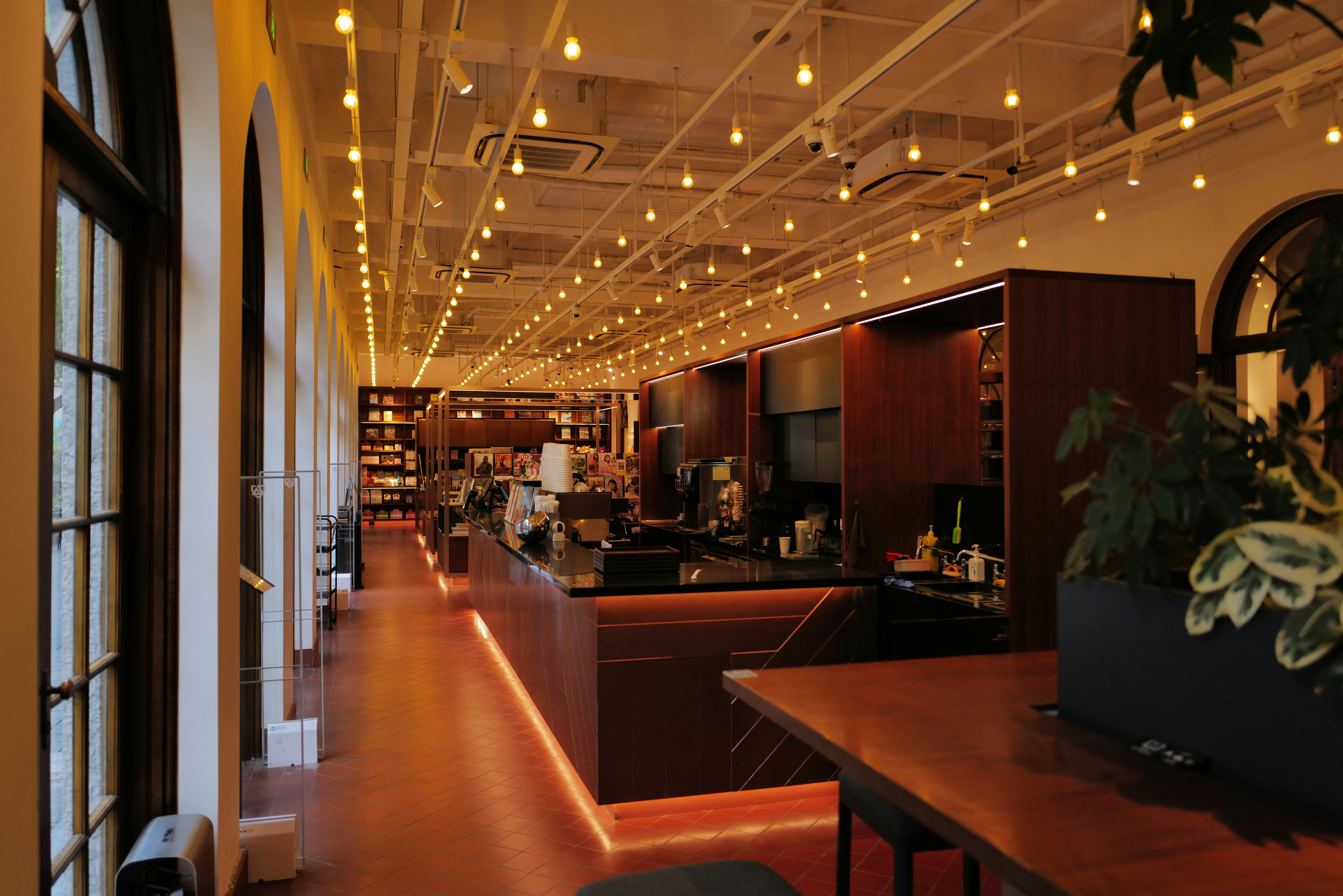 Warm Harbor: A Modern Café Bathed in String Lights