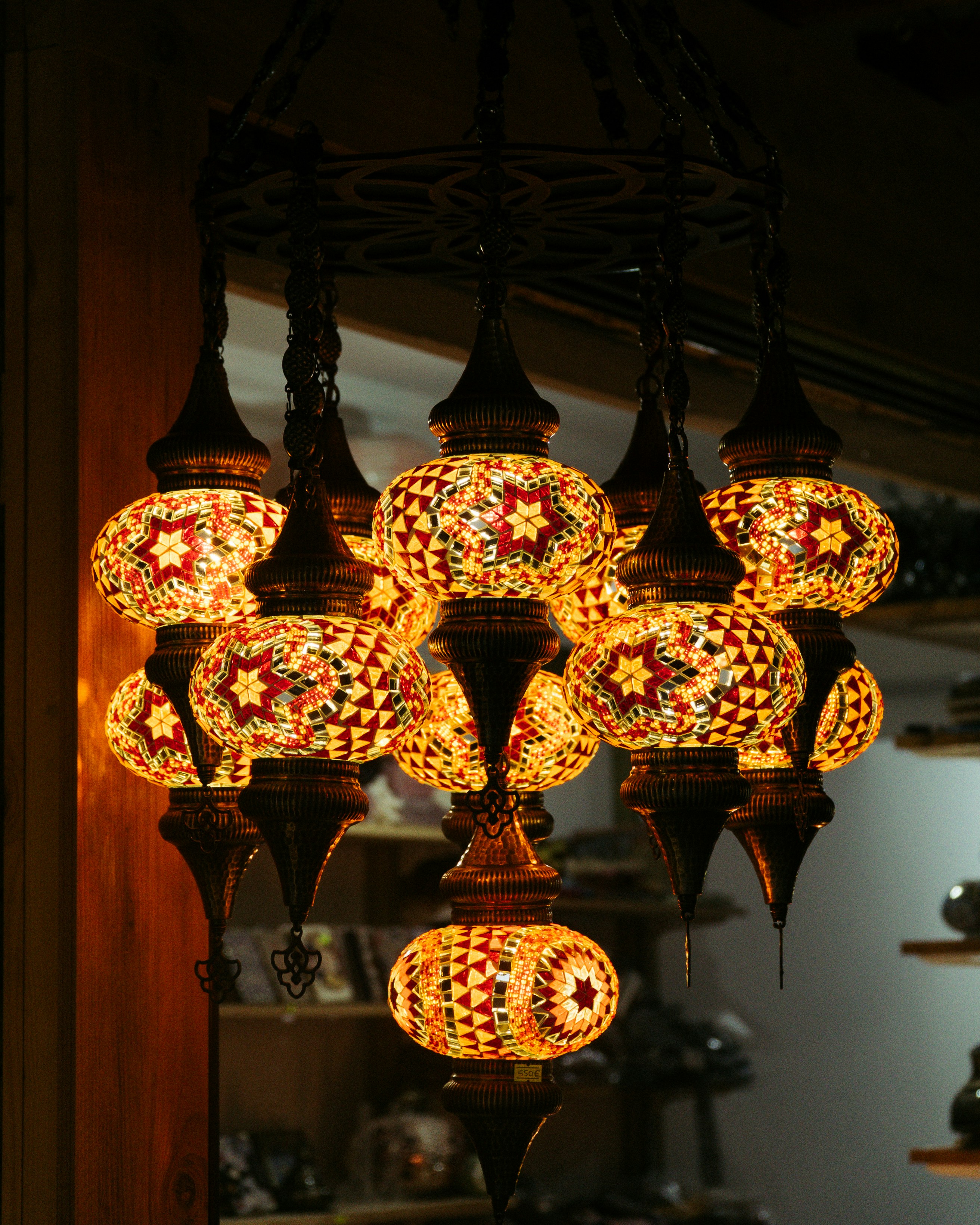 Luminous Turkish Mosaic: Hanging Lanterns in Warm Amber Glow