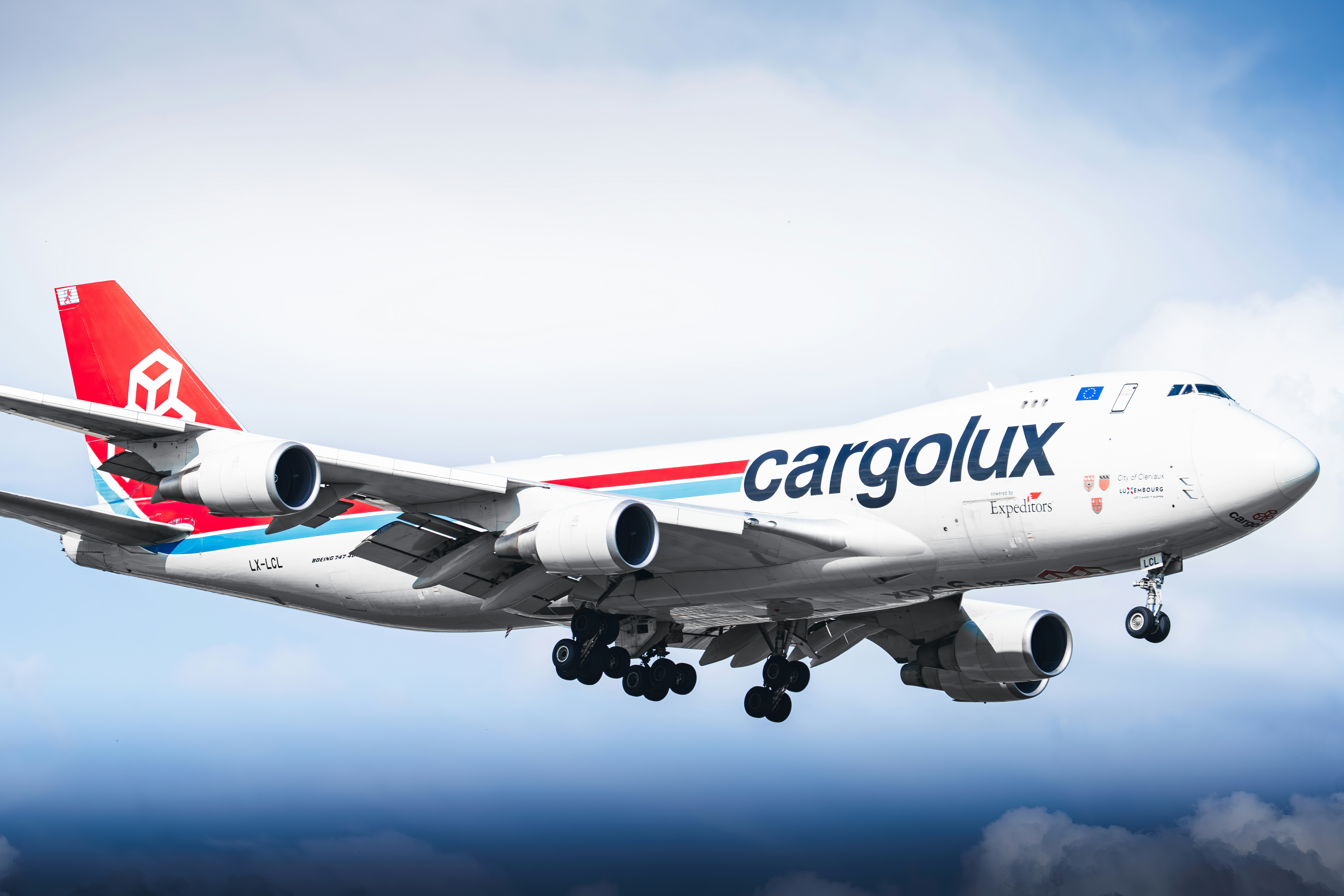 Cargolux "City of Clervaux" Boeing 747-400F coming in on Runway 18L at Dallas Ft-Worth International Airport.