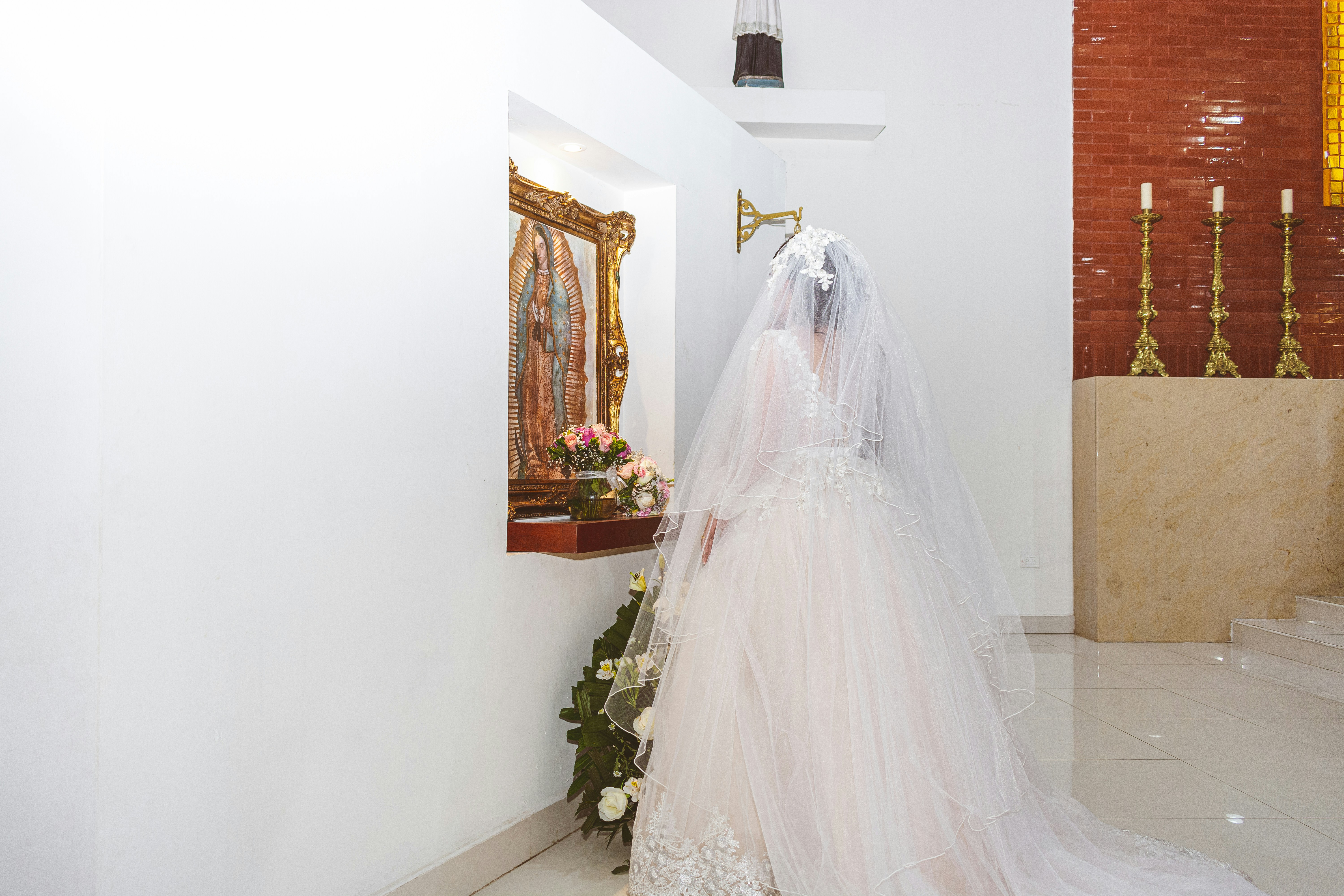 Veiled Bride at the Altar: A Quiet Moment in the Chapel