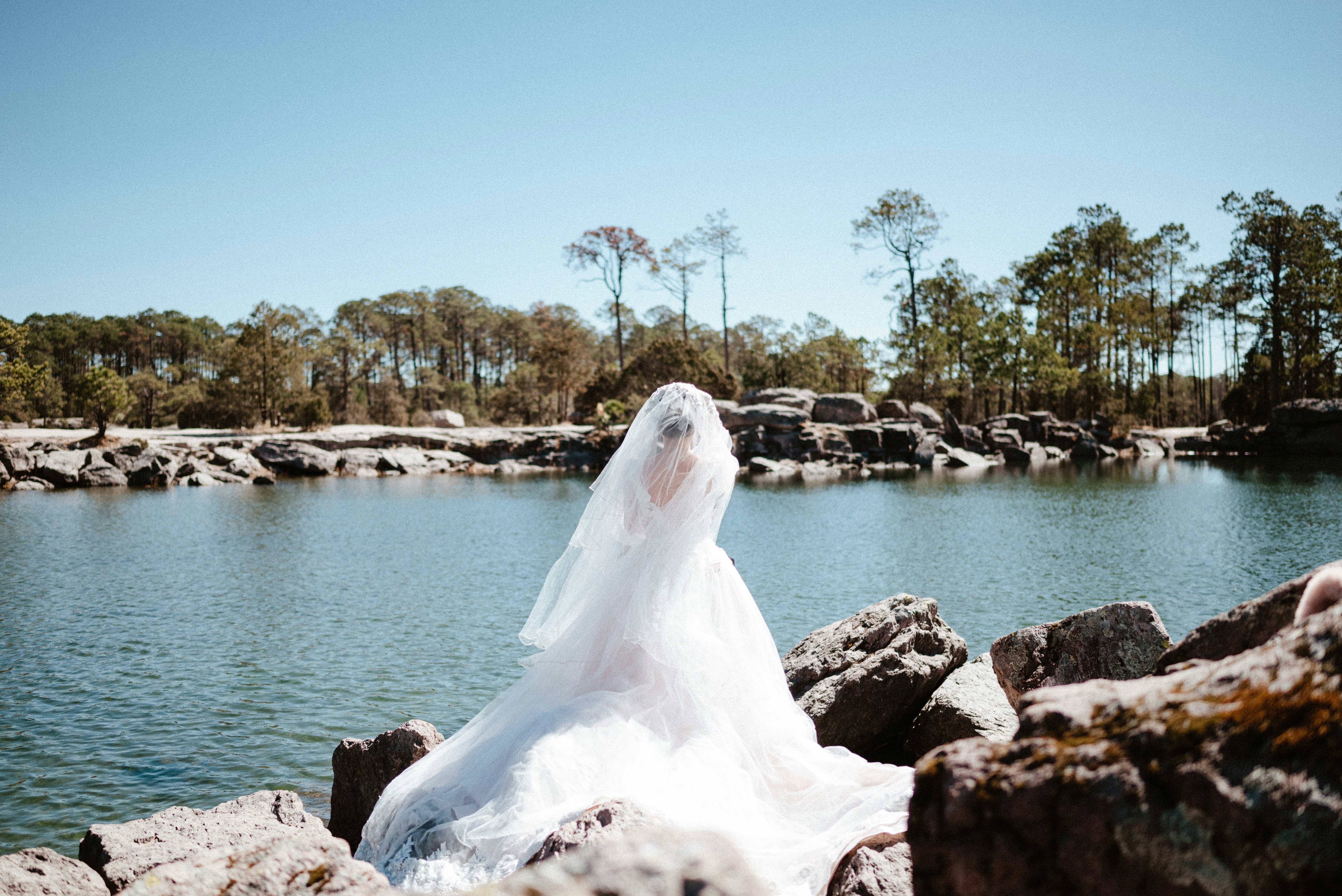 Veiled Bride Amid Quiet Lake and Stone Shore