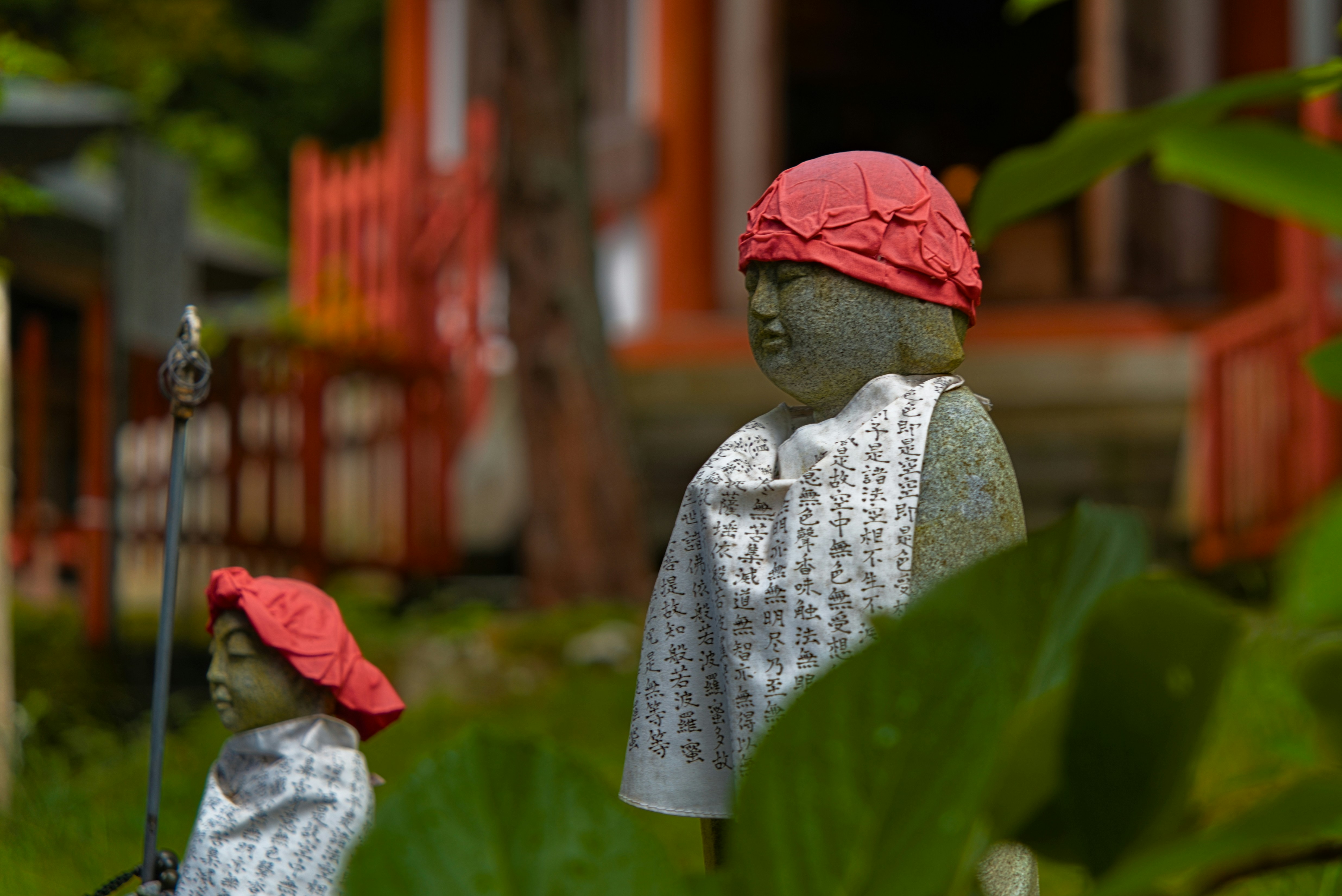 Stone Monks in a Quiet Garden: Red Caps and Scripted Robes