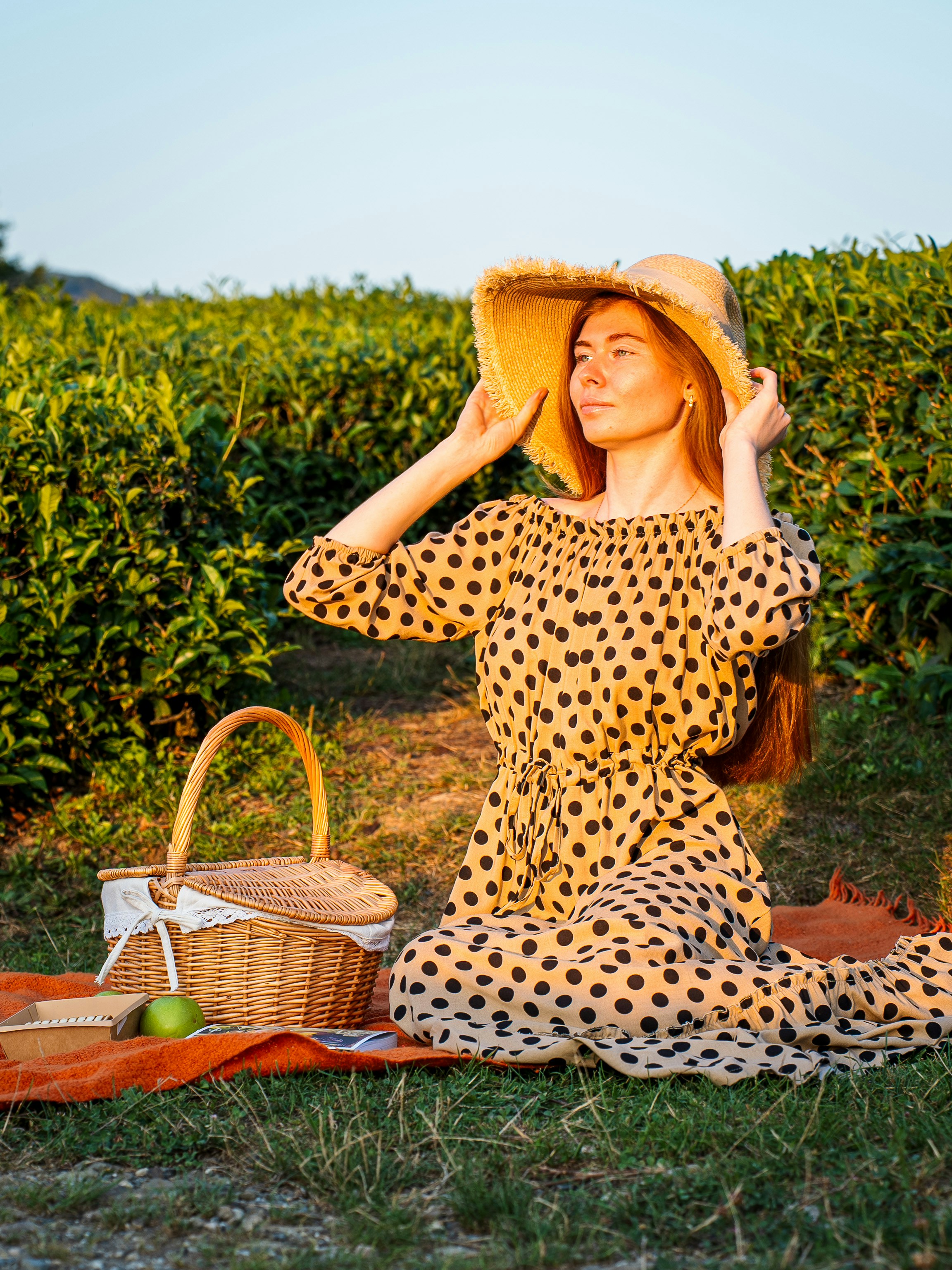 Femme au chapeau de paille en train de pique-dans un champ. photo ...