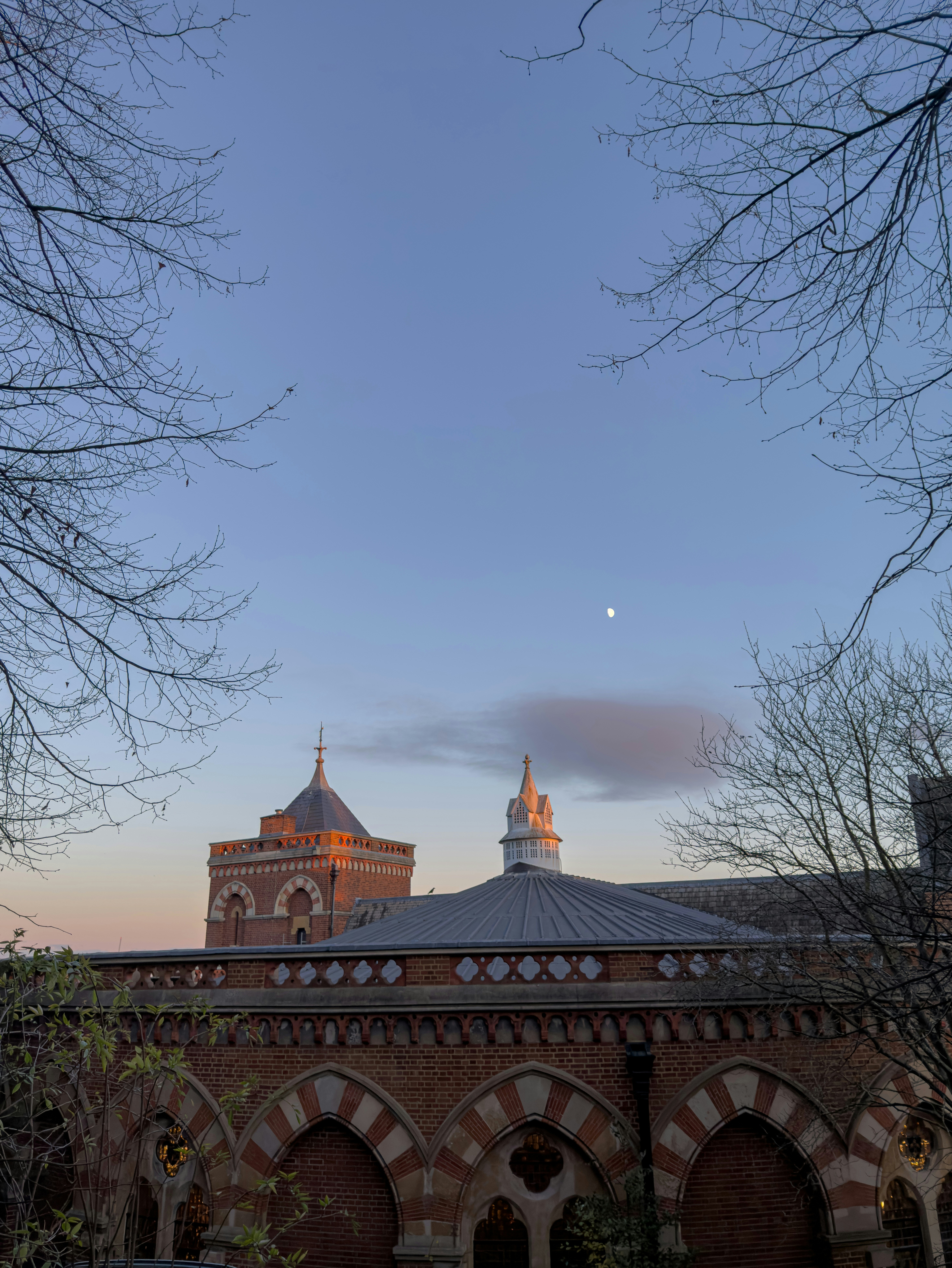 Moonlit Roofs: Brick arches and dormers under a pale blue sky