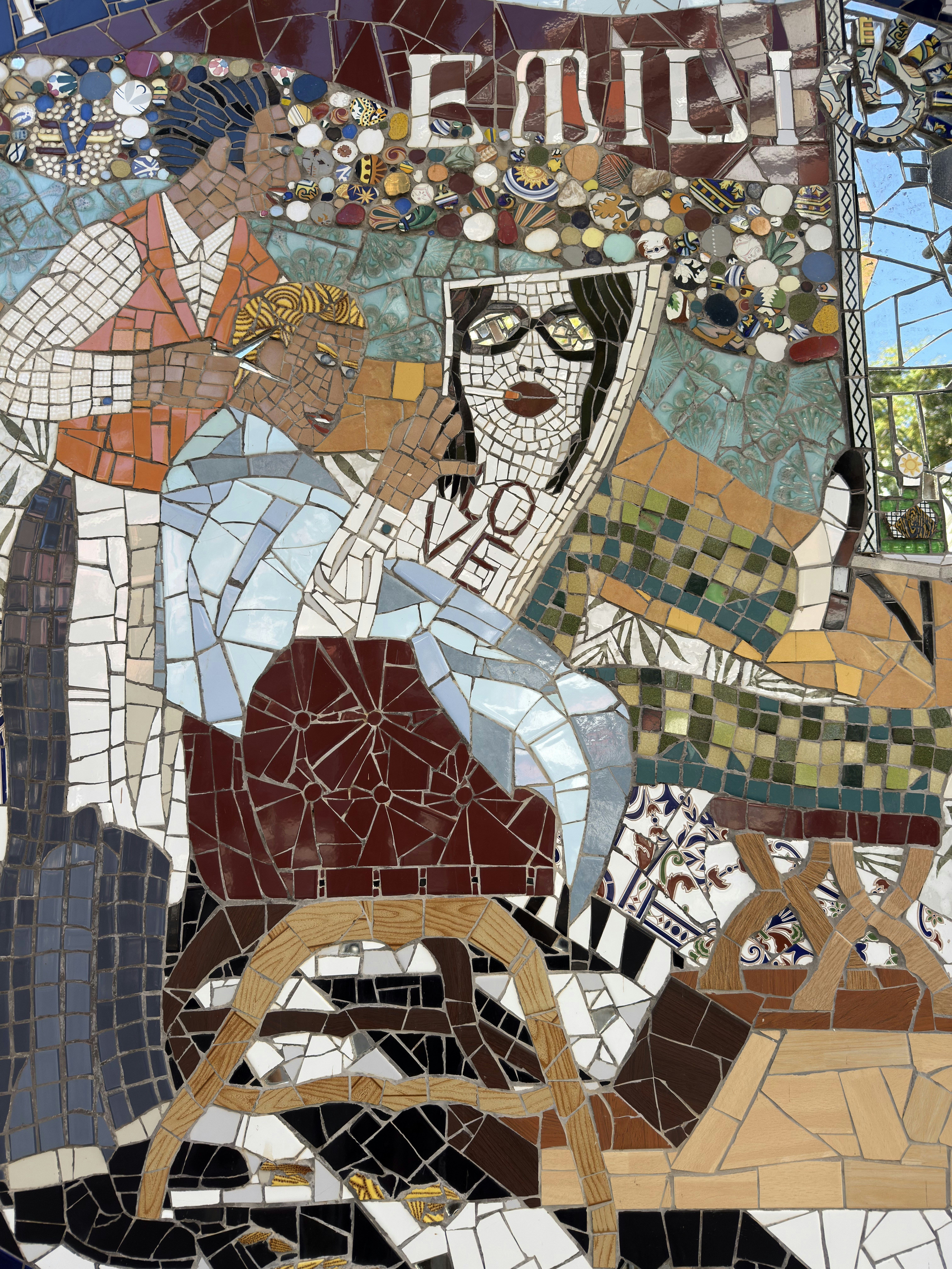 Mosaic Lines: A Grinning Portrait at a Lounging Bar