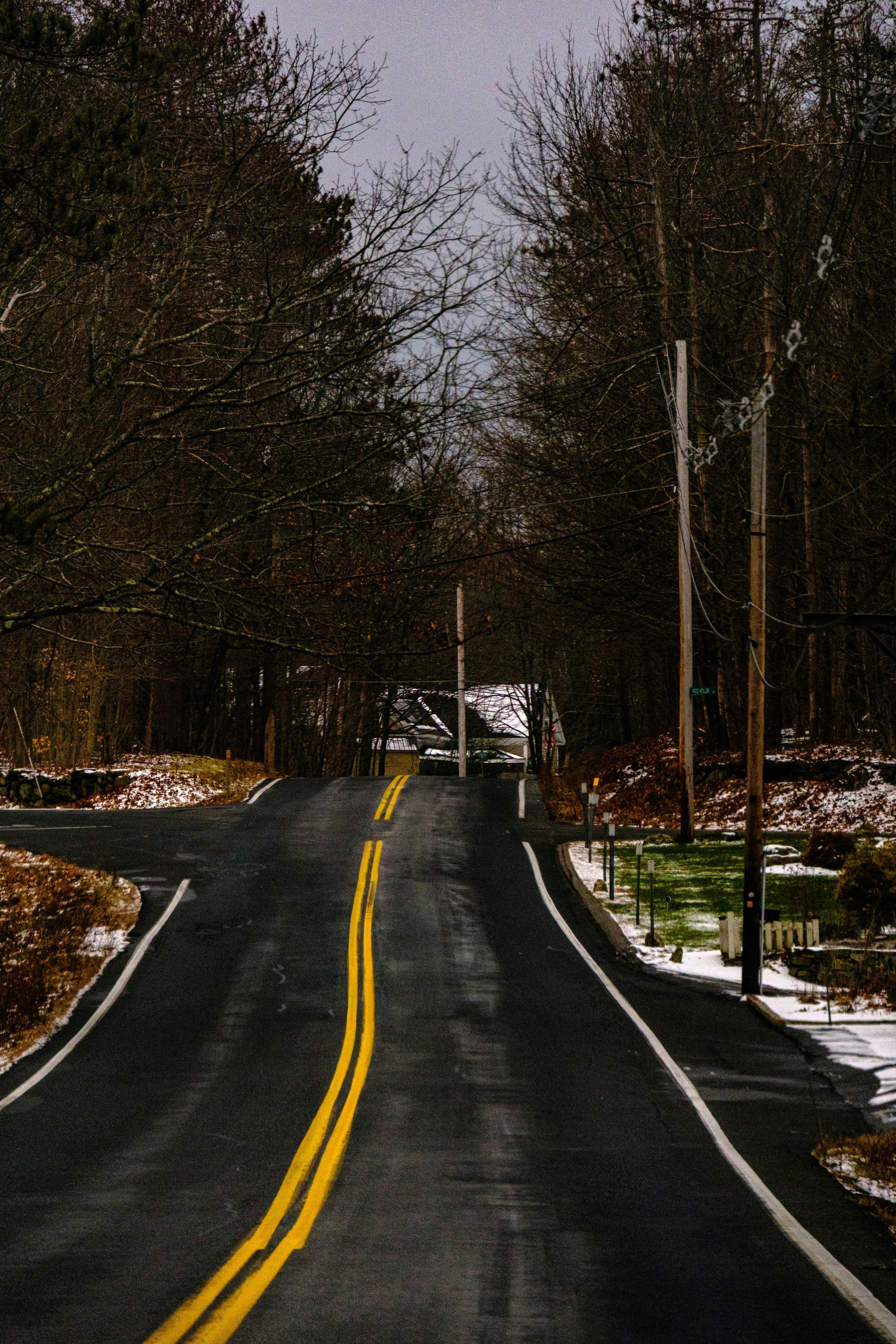 A Quiet Winter Descent: The Snow-Dusted Road Under the bare Trees