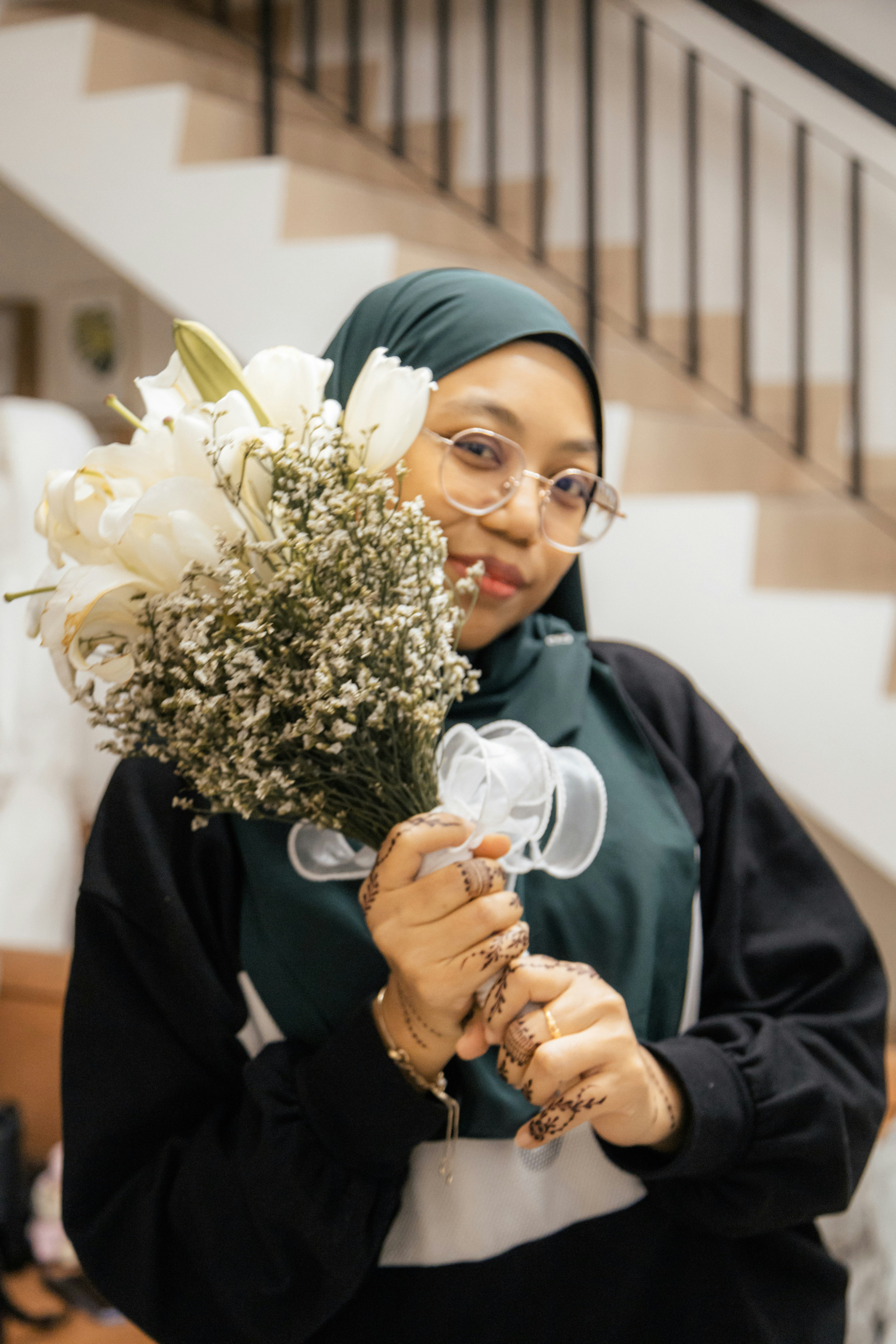 Bouquet of Quiet Joy: A Portrait with White Blooms and Soft Light