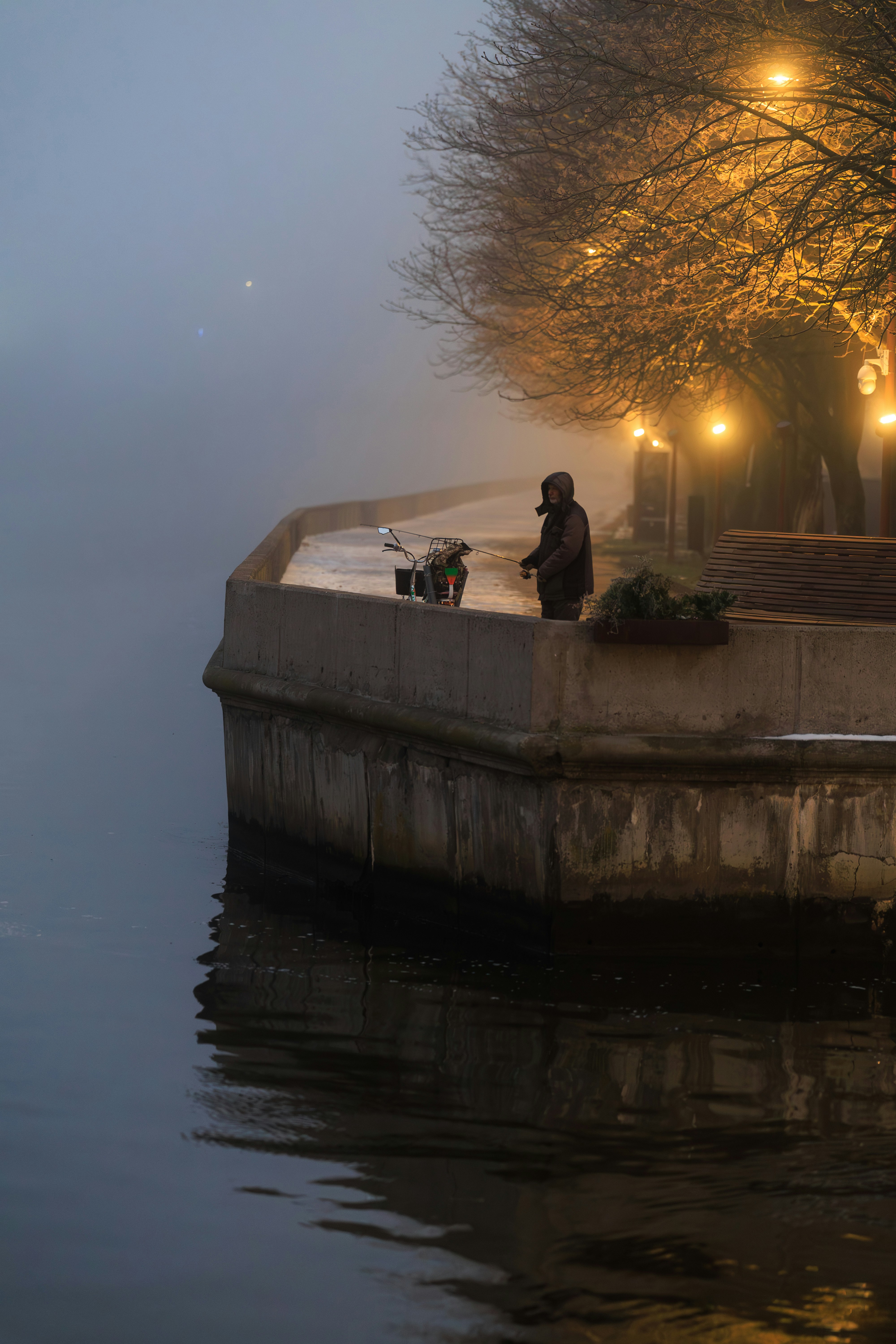 Fog-kissed Riverside Promenade with Quiet Cyclist at Dusk