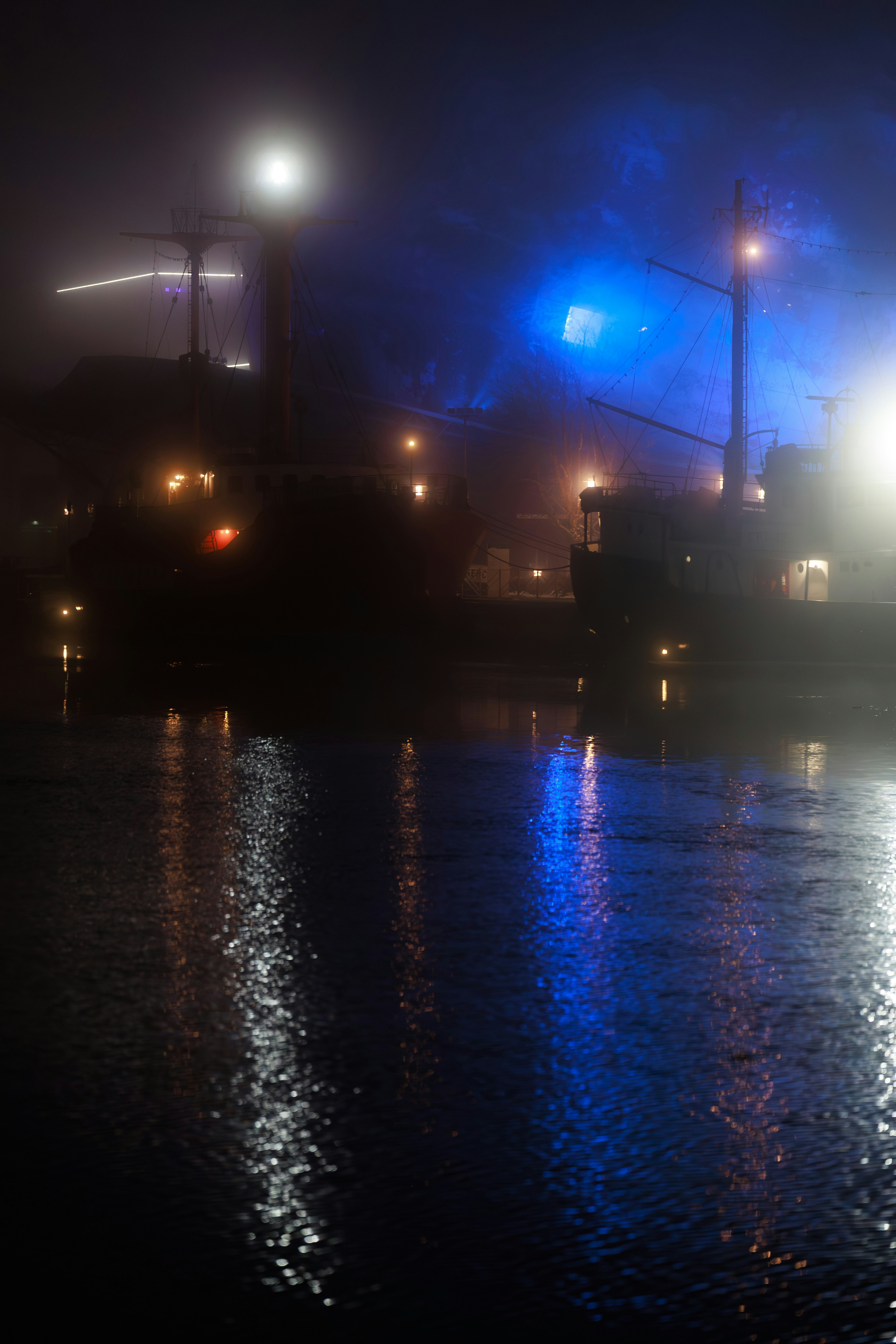 Moonlit Harbor: Fog, Ships, and Neon Reflections