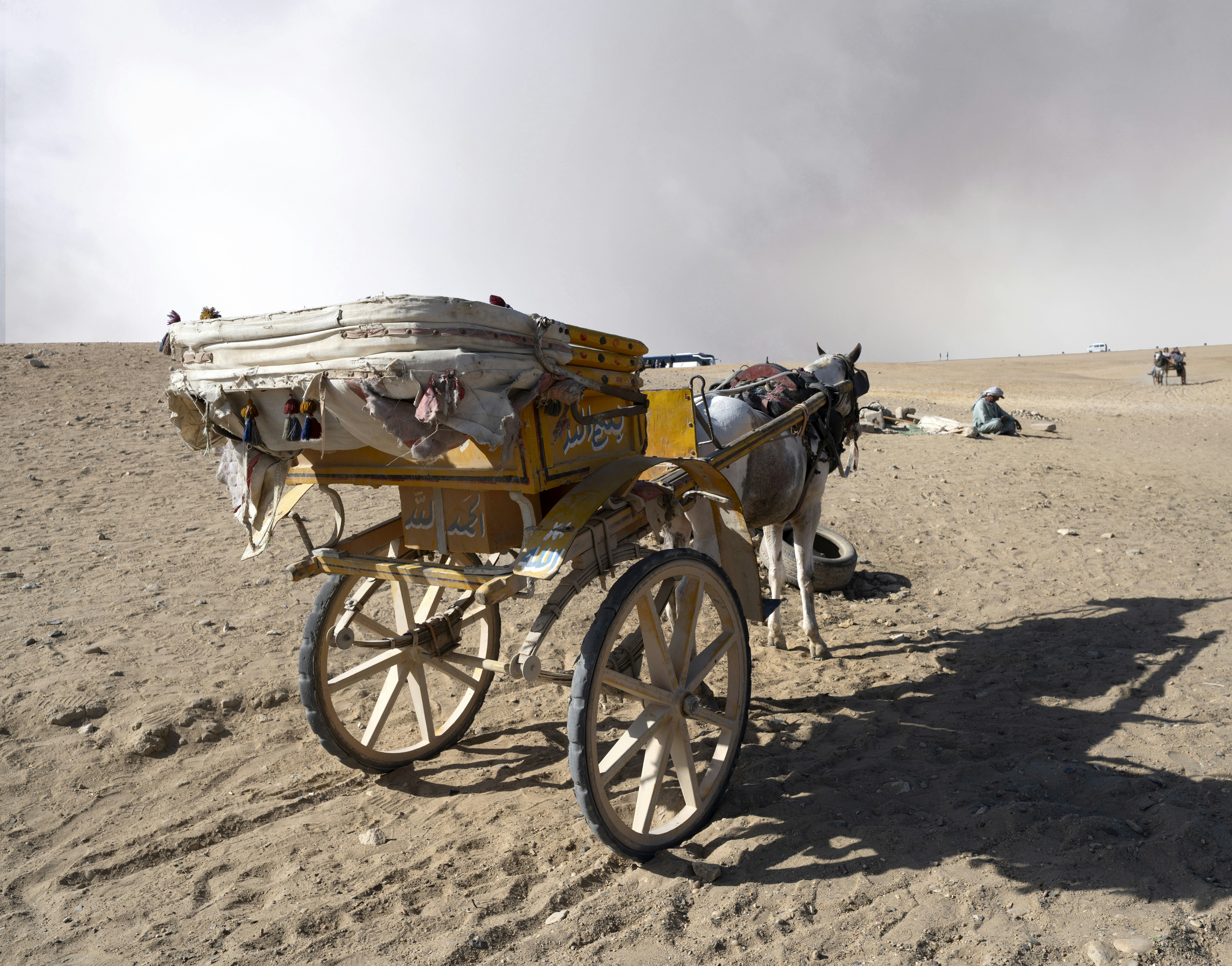 Dusty Caravan: Painted Wagon Under a Wide Desert Sky