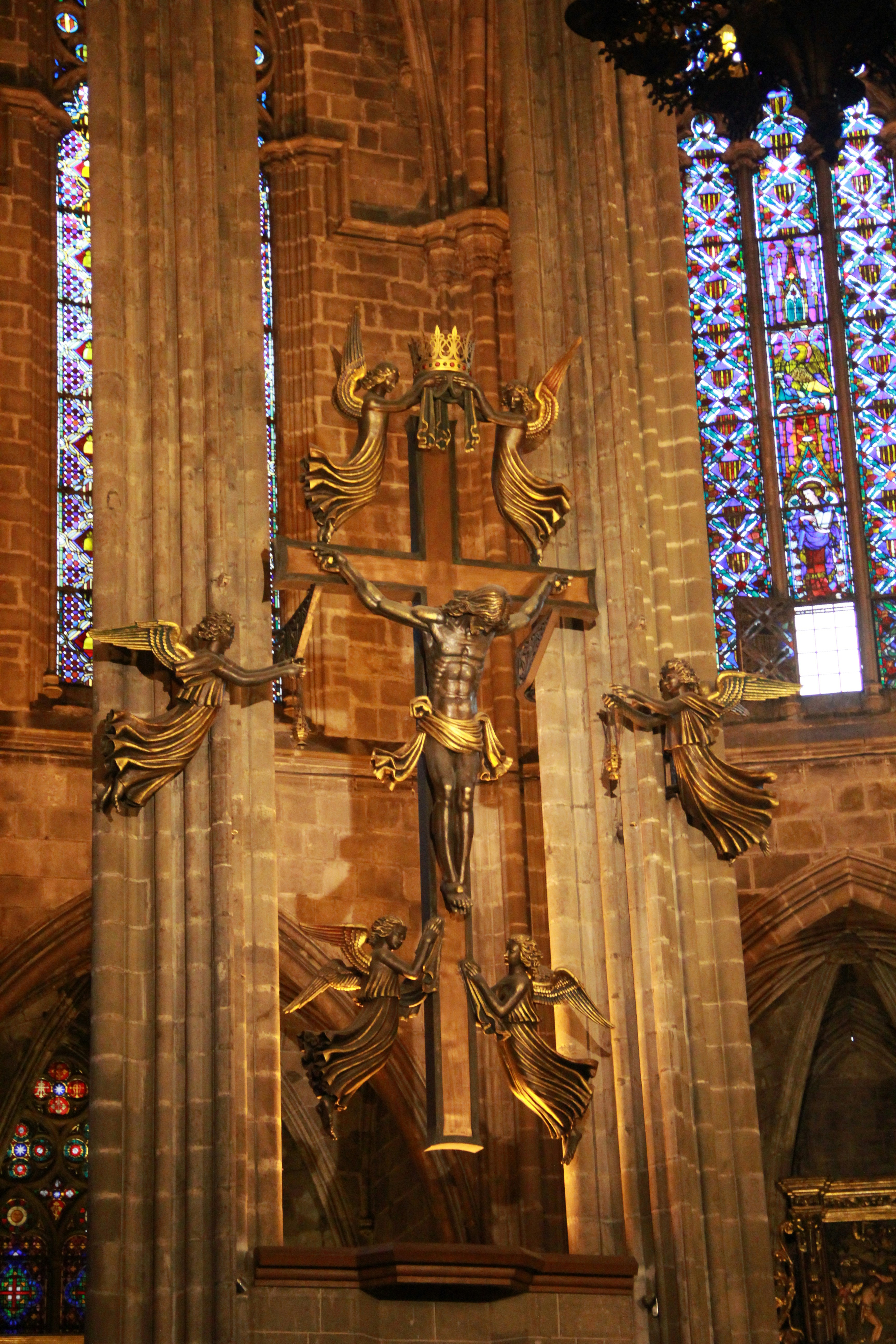 Crucifixion in Stained Light: Golden Angels Surround the Sacred Center