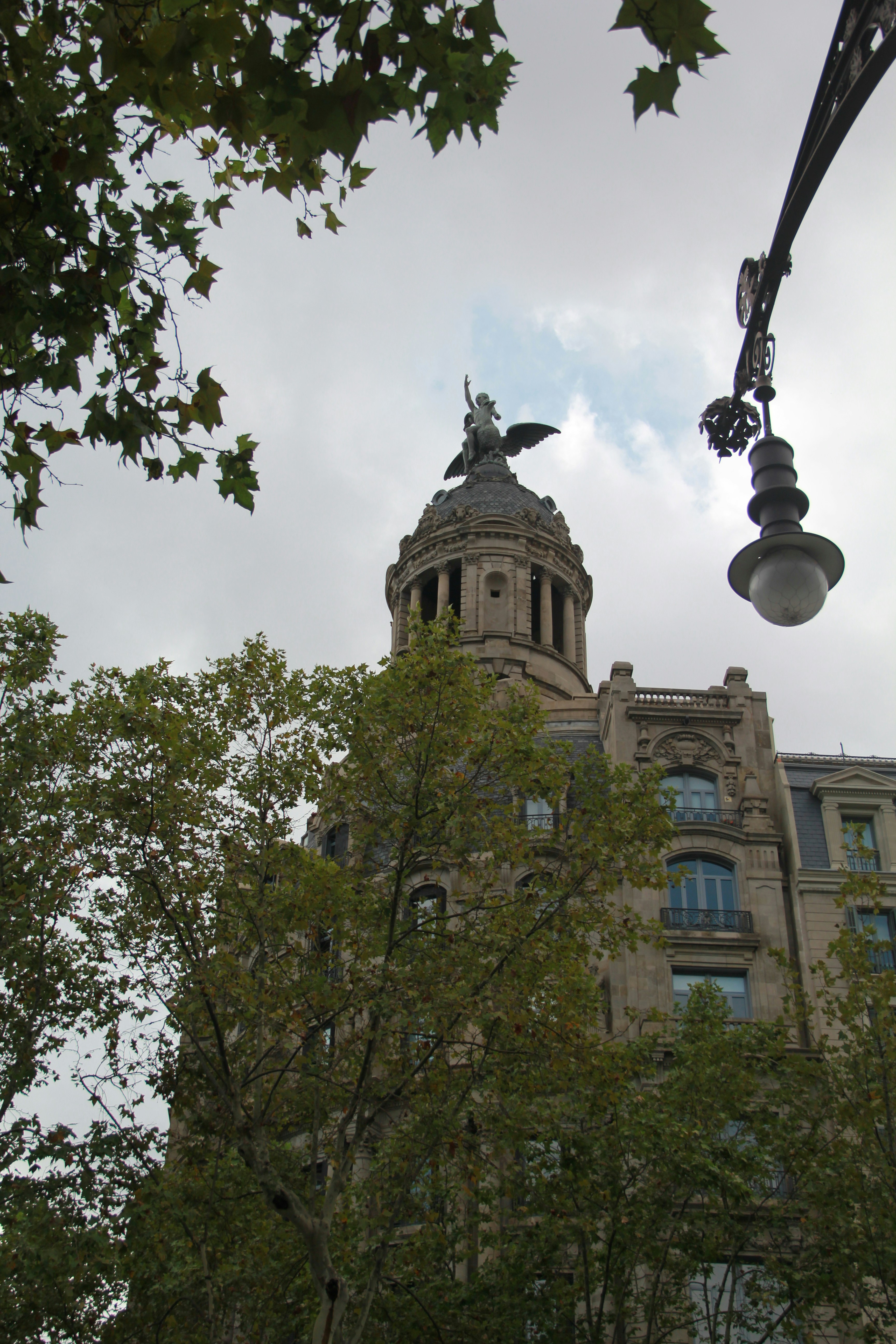 Stately dome and winged statue peeking over leafy avenue