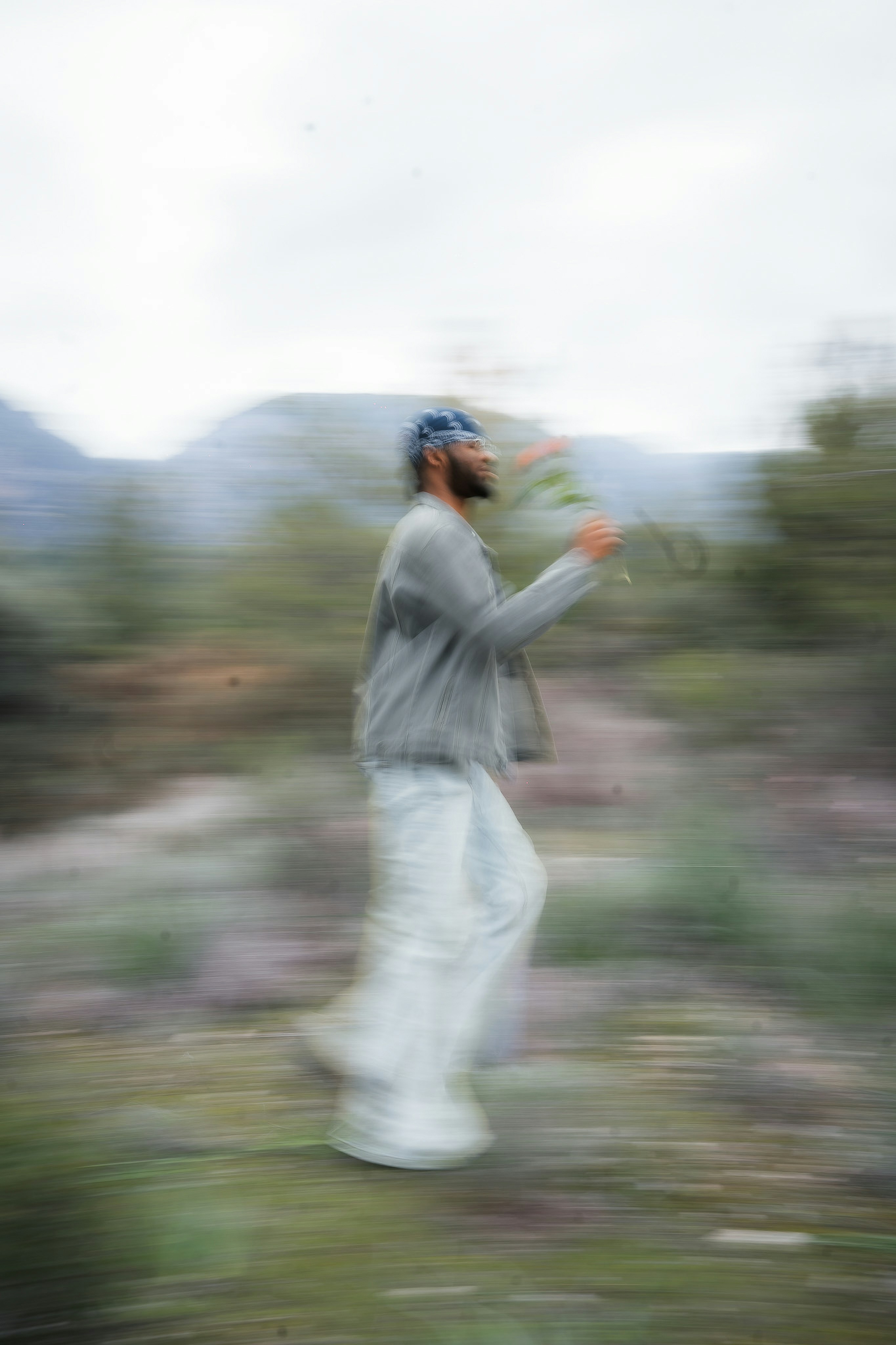 Blurry strides: a lone figure crossing a rugged landscape