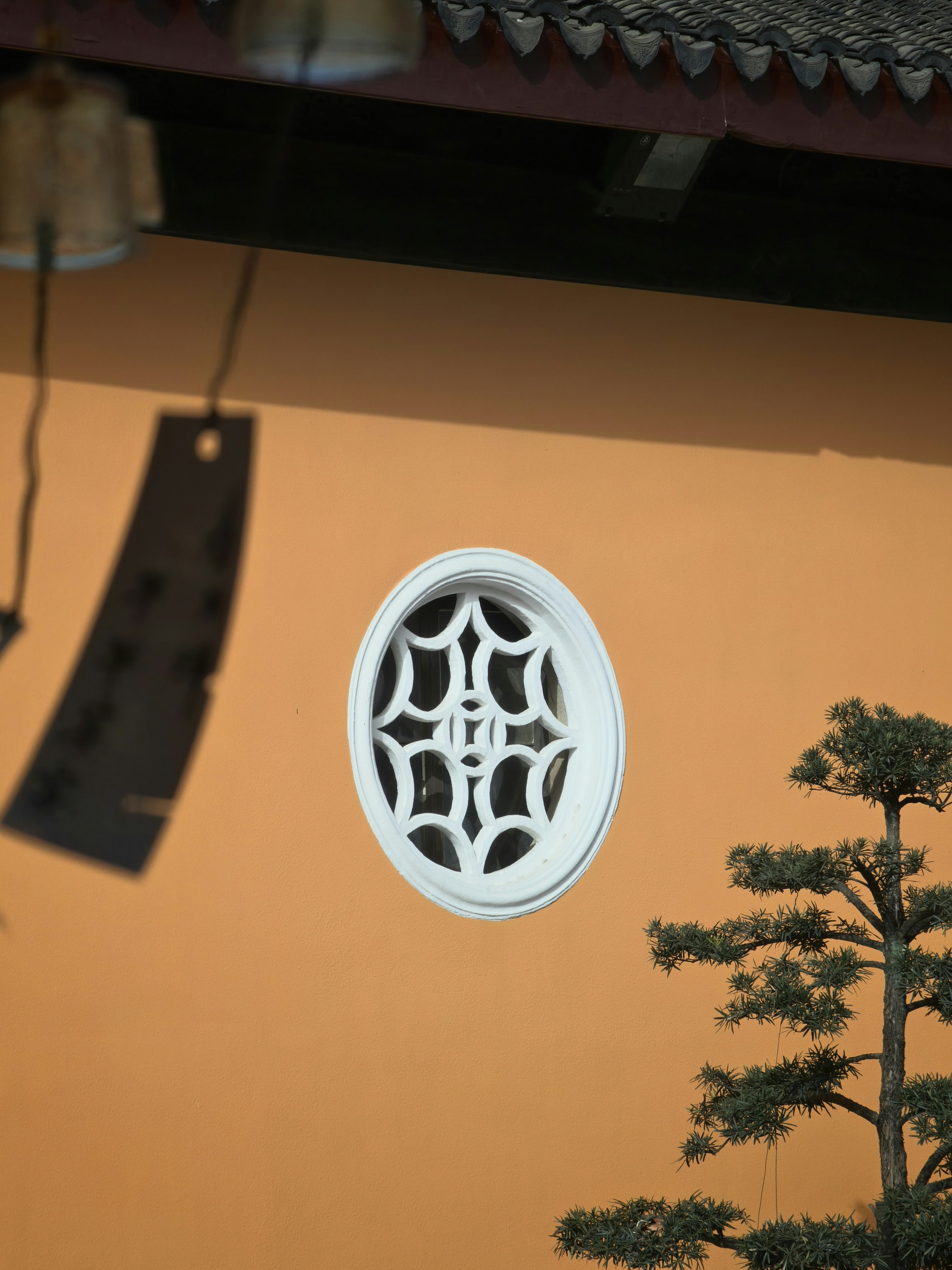 Orange wall with round window and tree