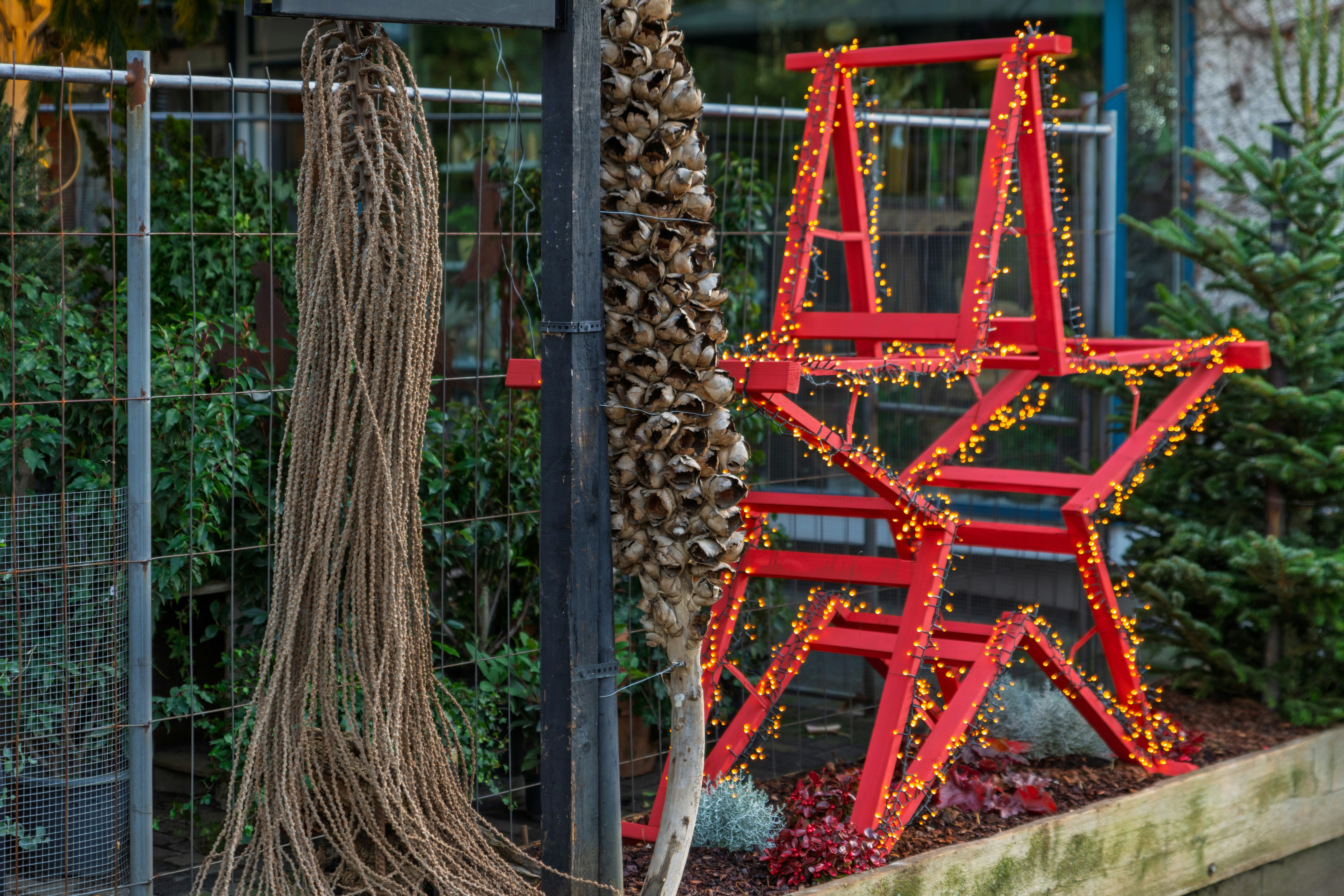 Red Fire-Exit Lanterns and Coiled Rope by the Fence