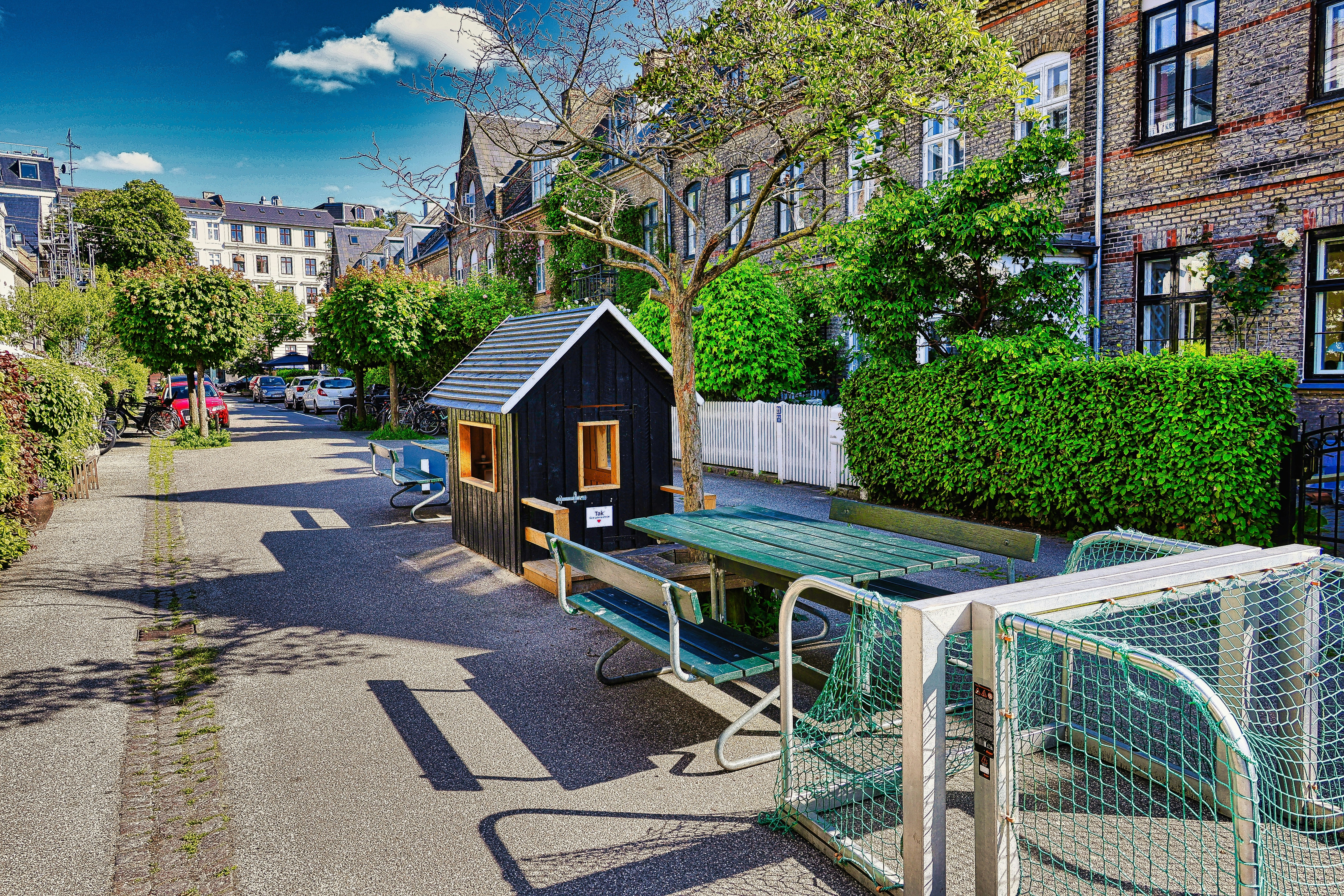 Sunlit Alleyfront: A Quiet Street Scene with a Mini Shelter and Green Foliage