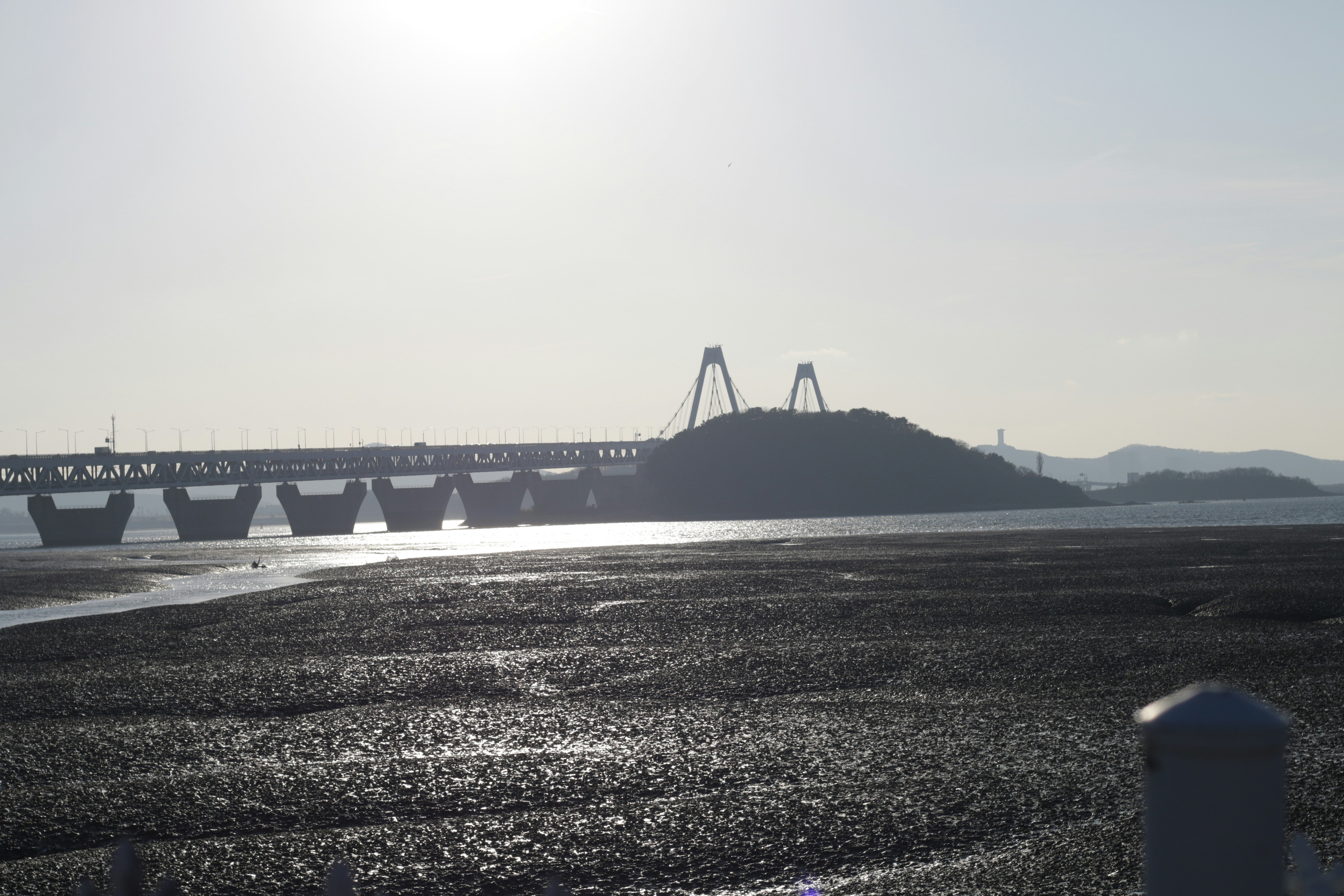 Distant Bridge Arc Over a Quiet Tidal Plain at Dusk