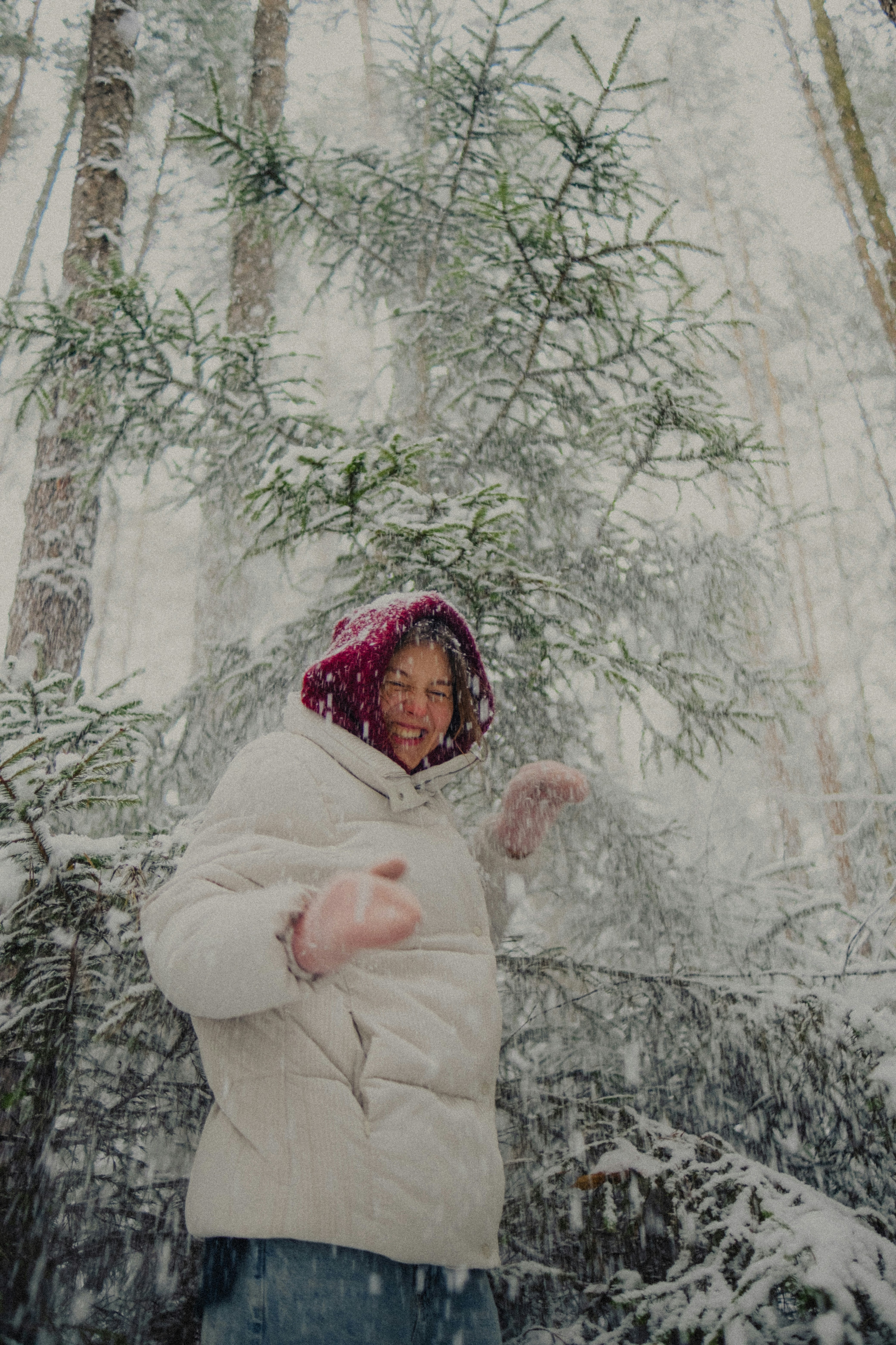 Joyful Winter Surprise in a Snowy Forest