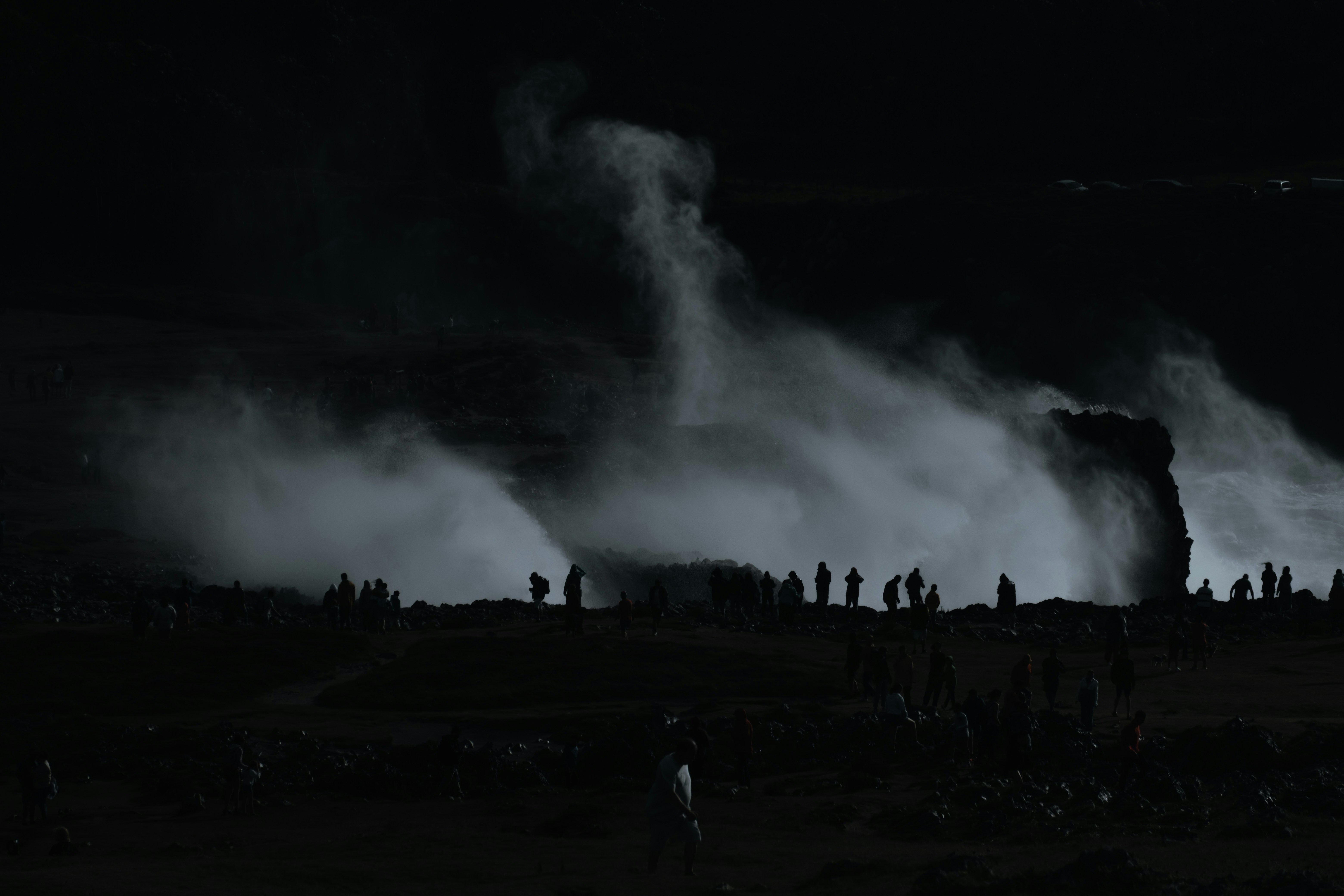 Shoreline Ghosts: A Colonnade of Silhouettes Against Nightwave Fog