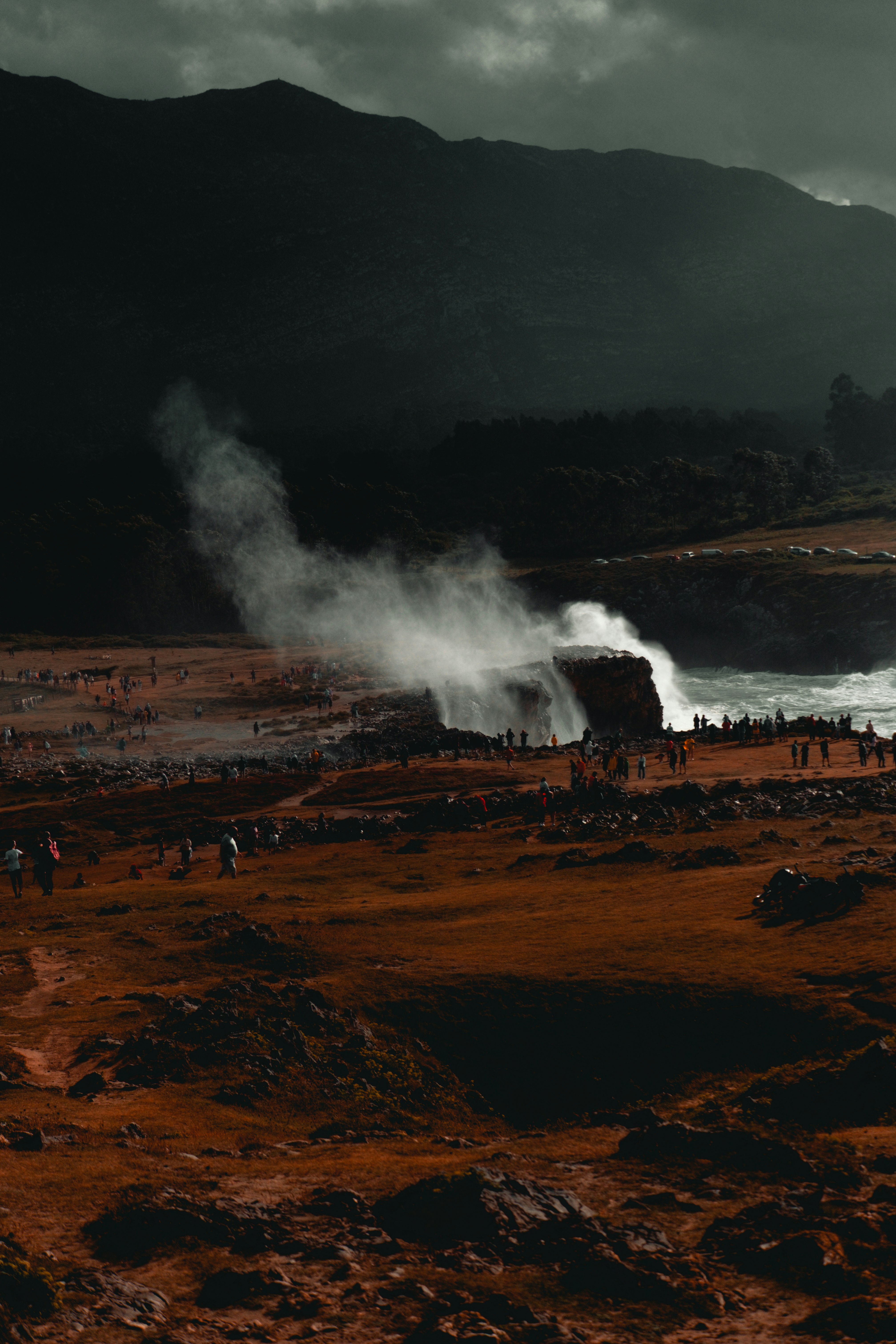 Coastal Hydrothermal Grounds: Steam Veil Over Lava Flats