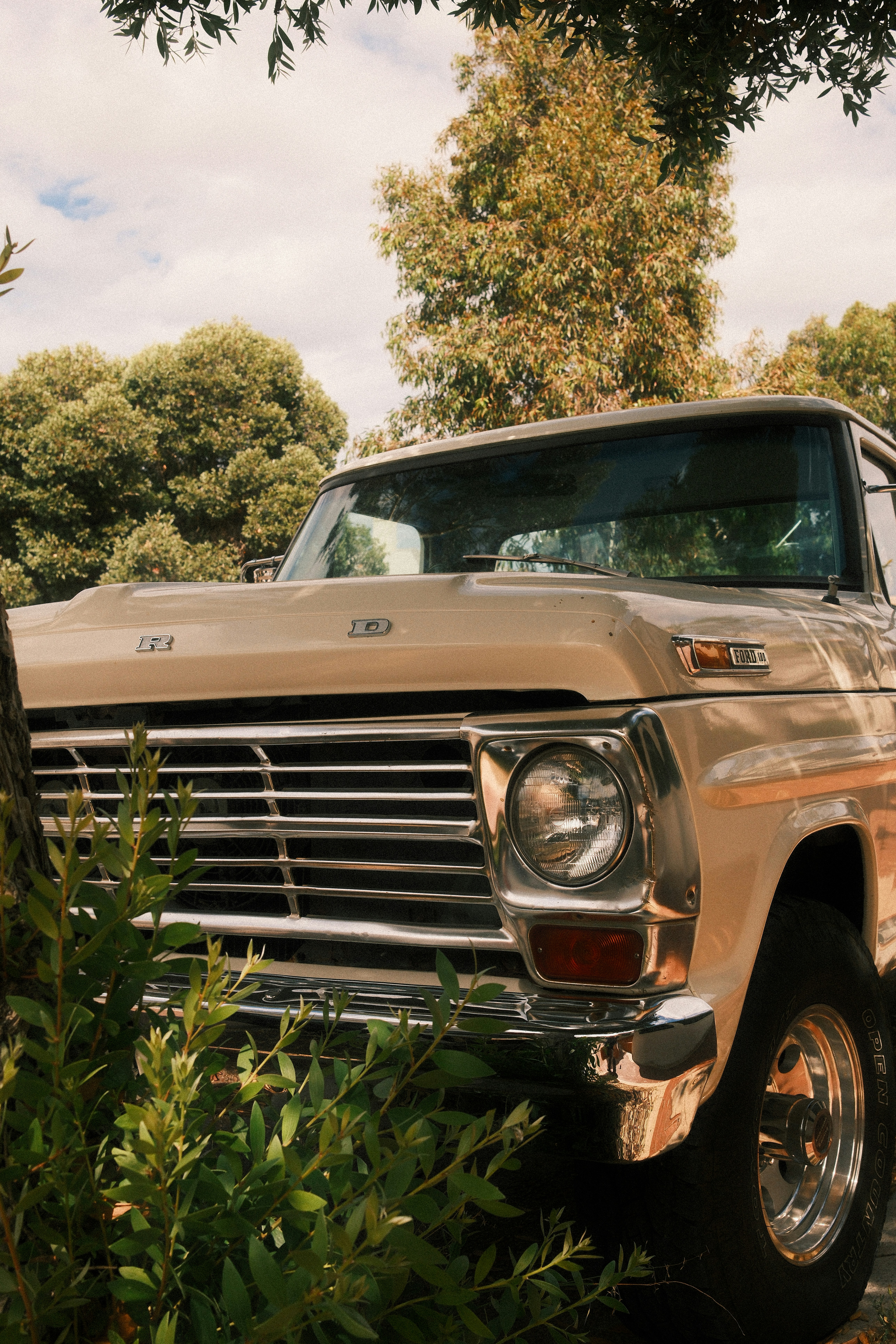 Classic tan pickup truck parked among trees. photo – Free Retro Image ...