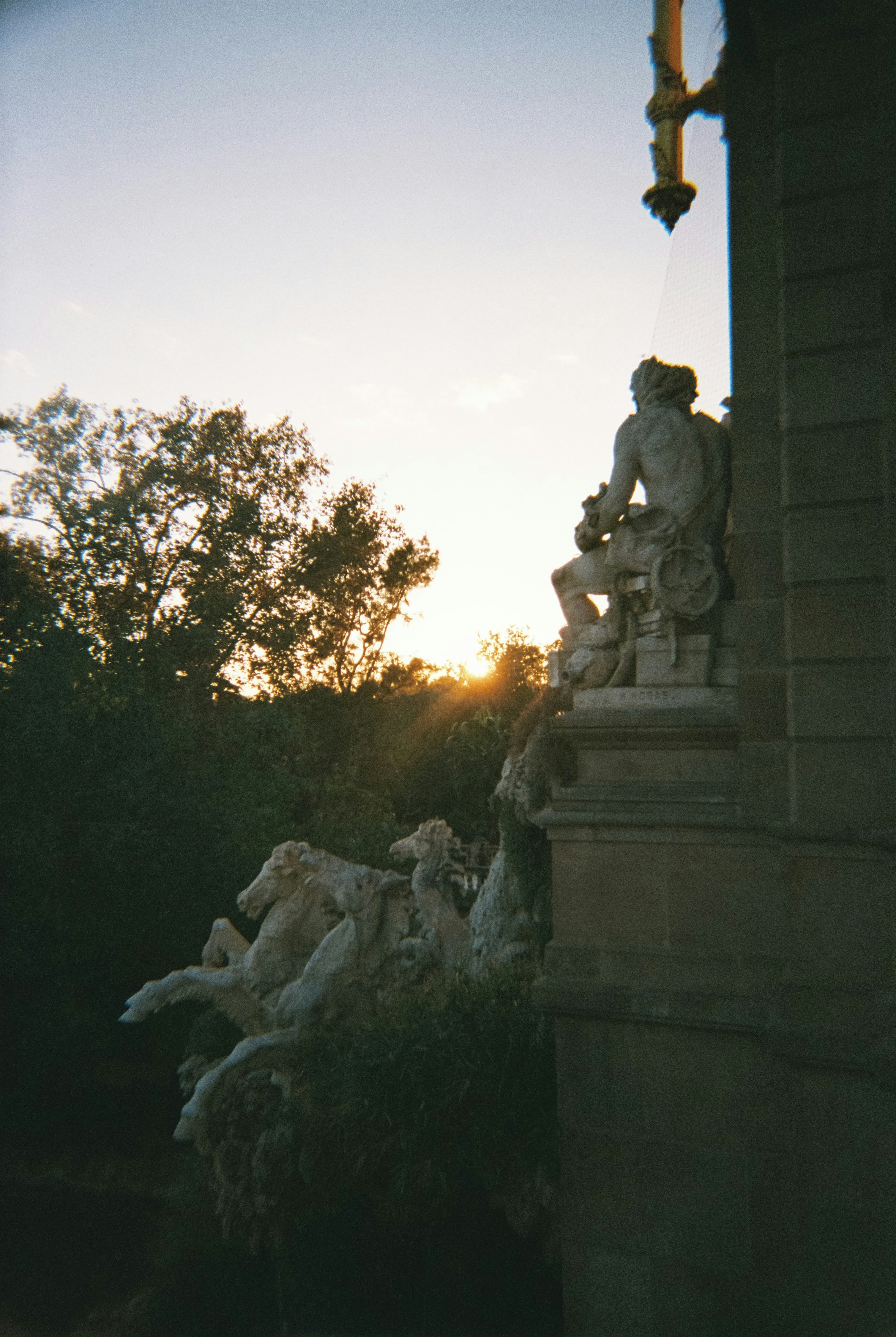Esculturas y árboles al atardecer con luz cálida. foto – Imagen de ...