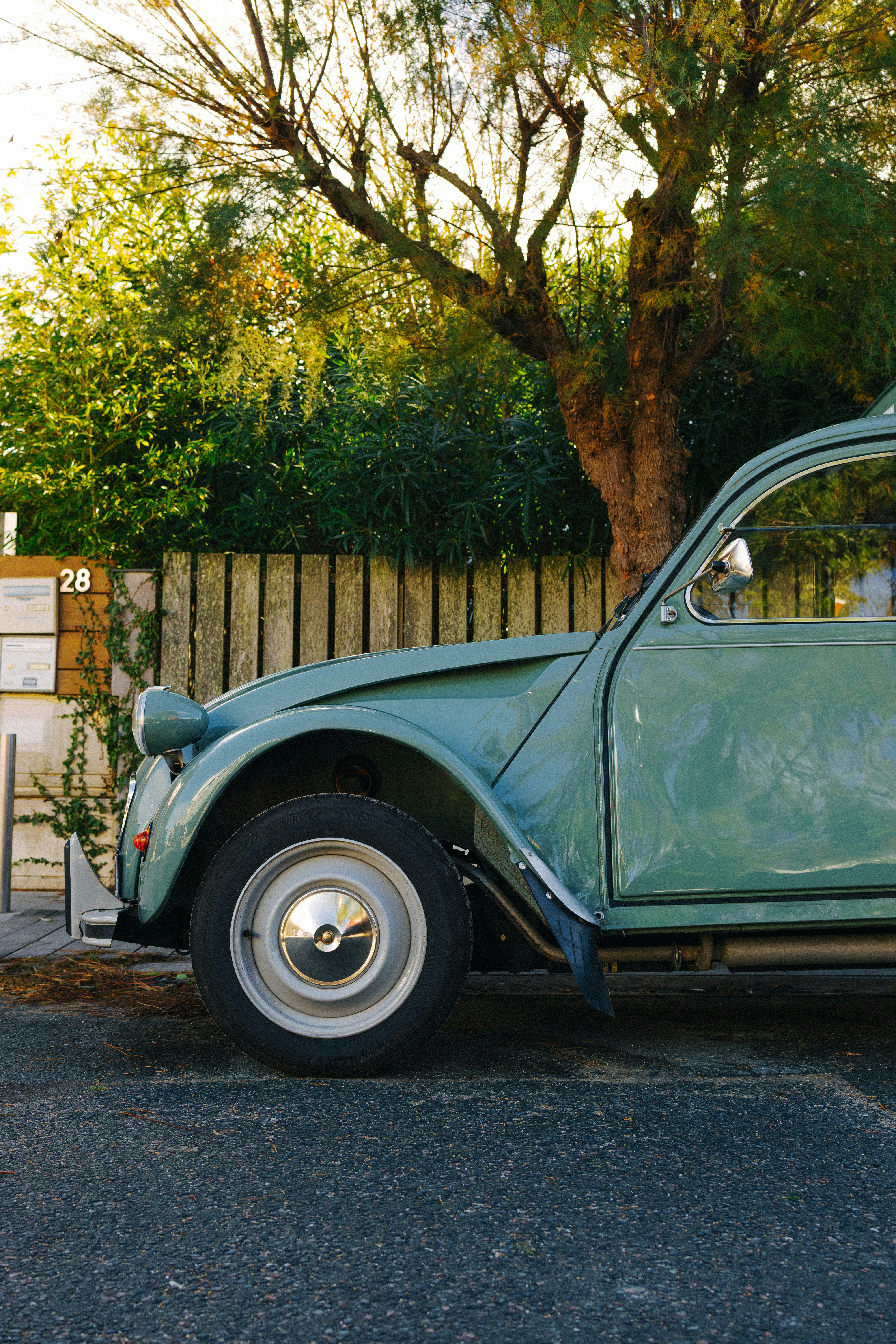 Timeworn teal sedan resting beside a sunlit fence
