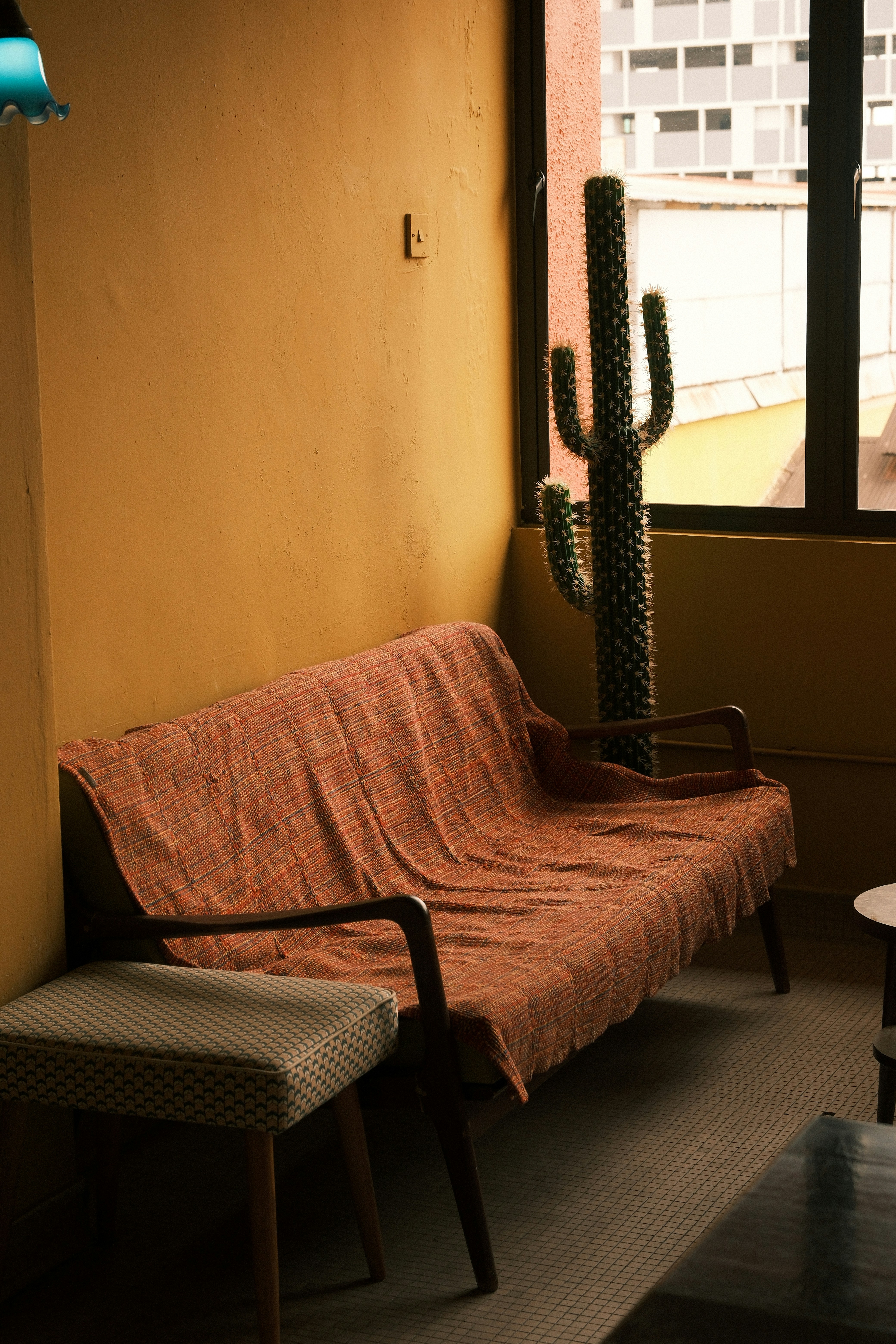 Sunlit Alley Lounge: mid-century sofa under warm window light