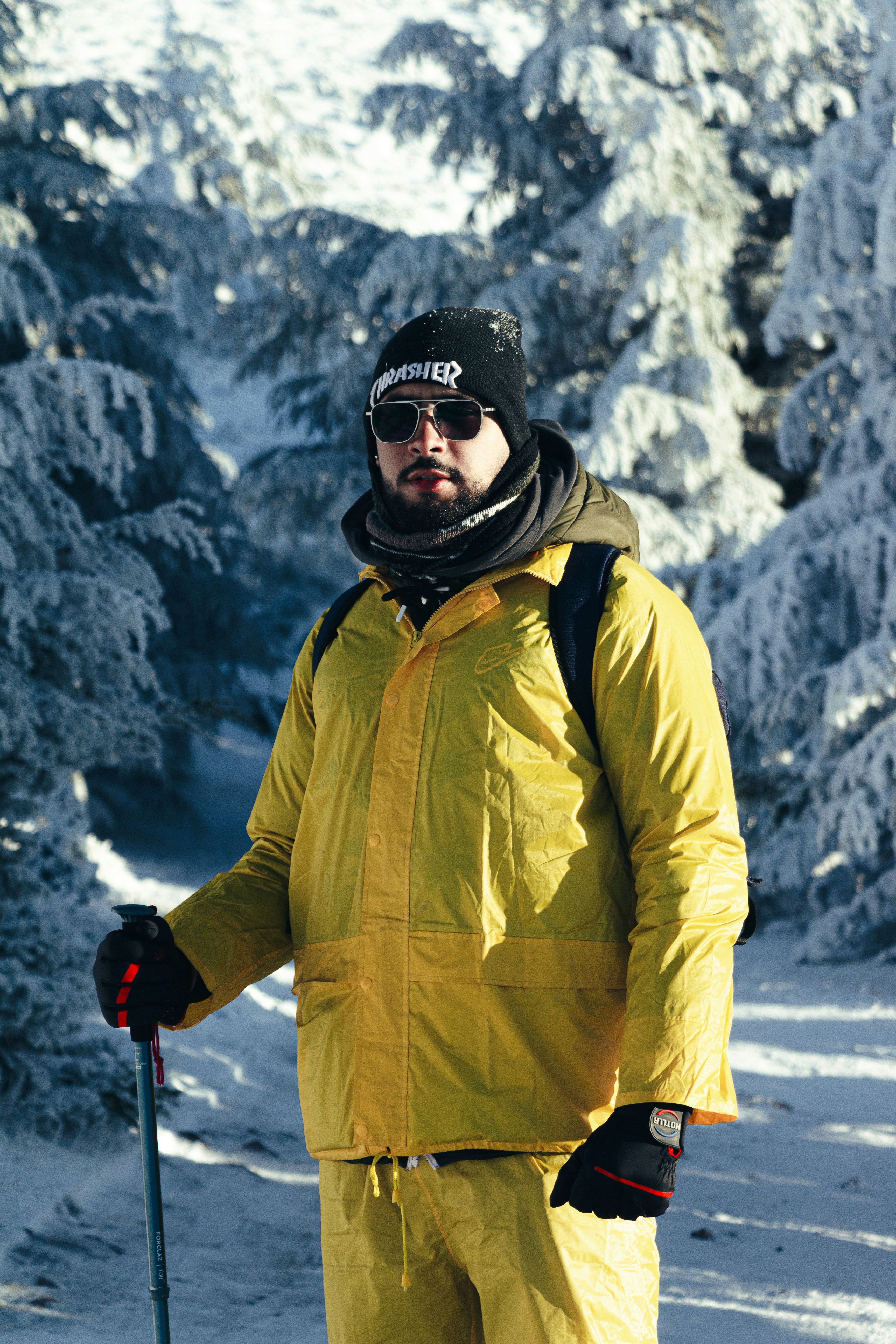 Yellow Jacket in a Snowy Forest: A Portrait of Winter Adventure