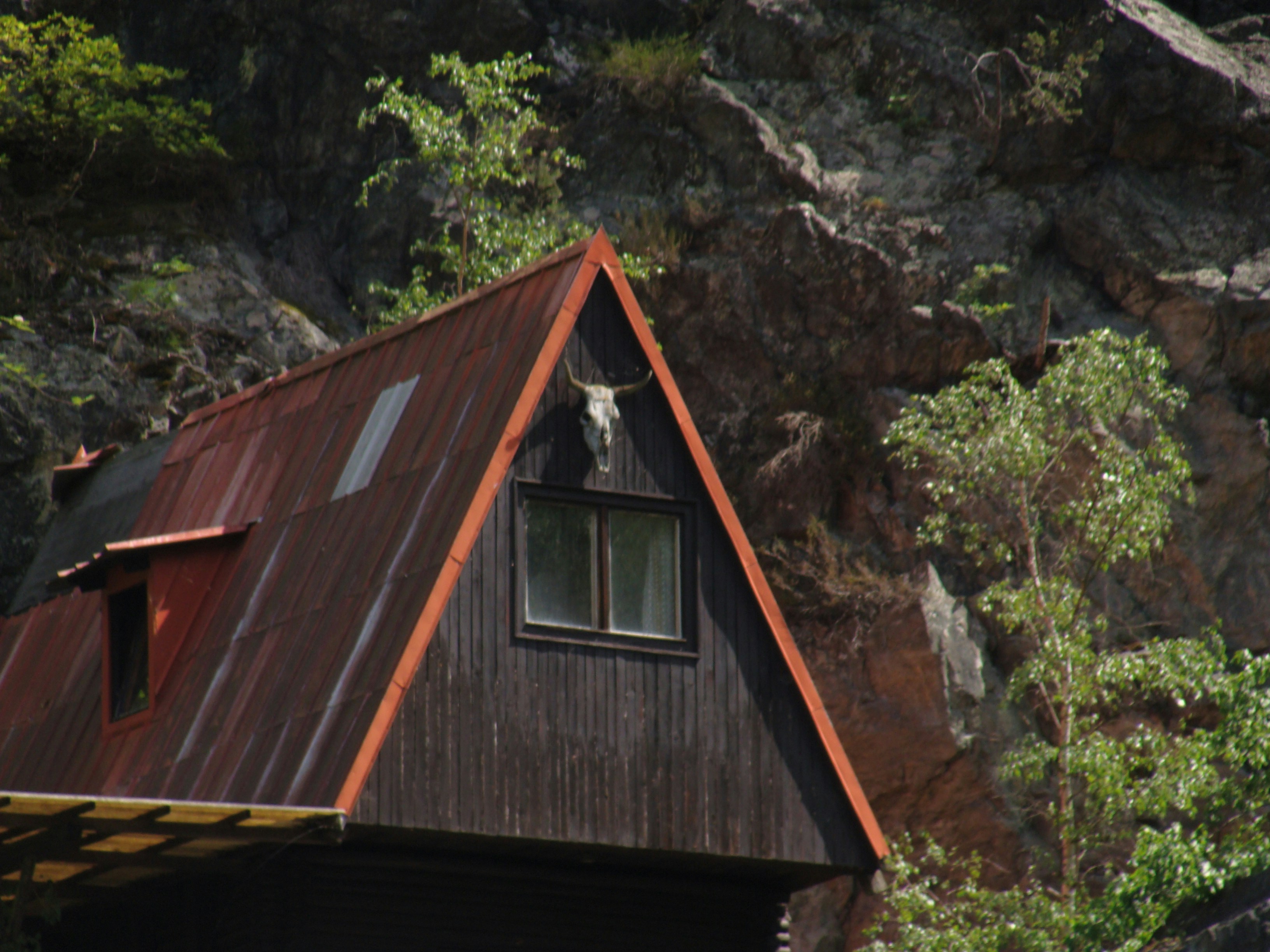 A-frame cabin with animal skull above window.