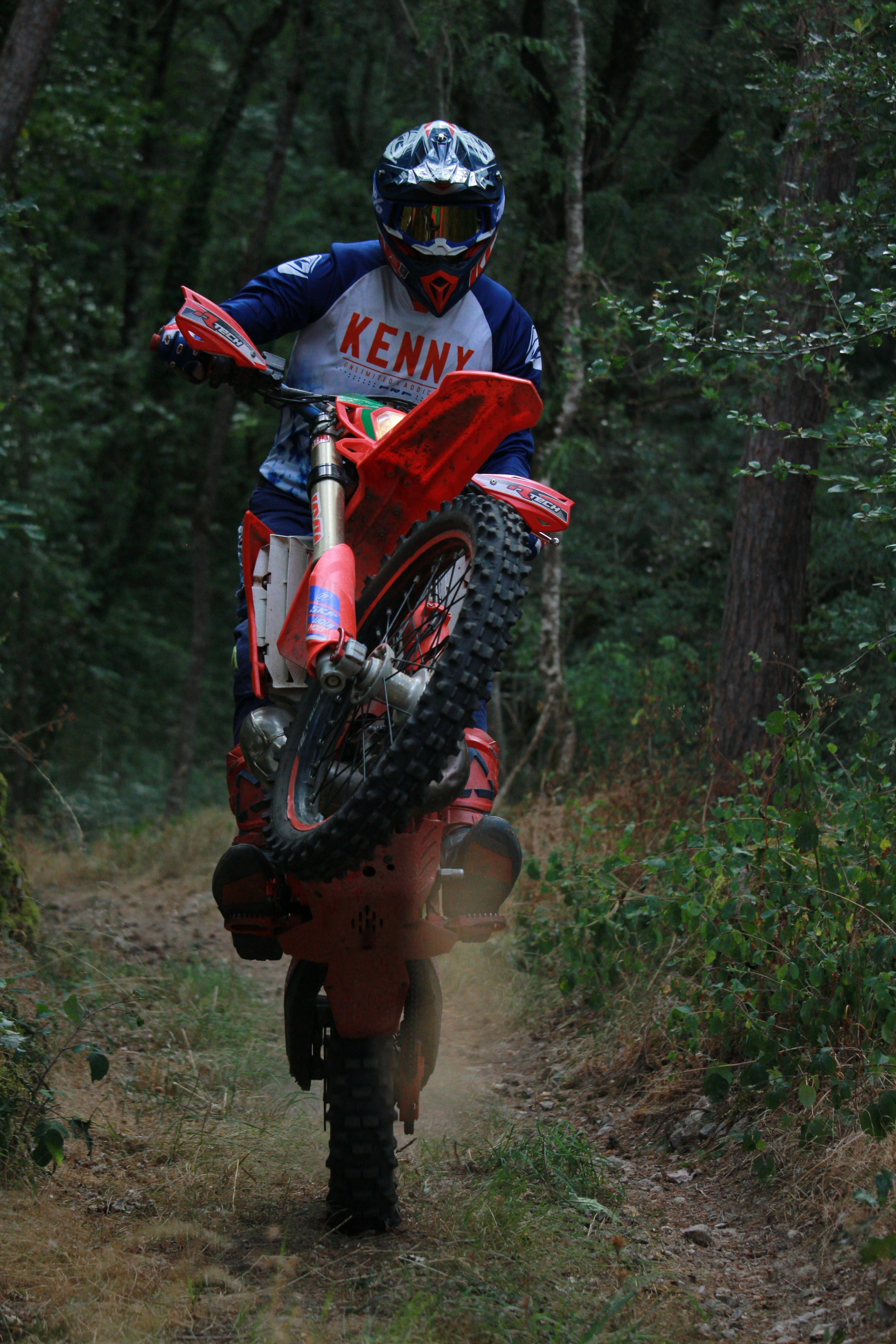 Pilote de motocross effectuant un wheeling sur un sentier forestier ...