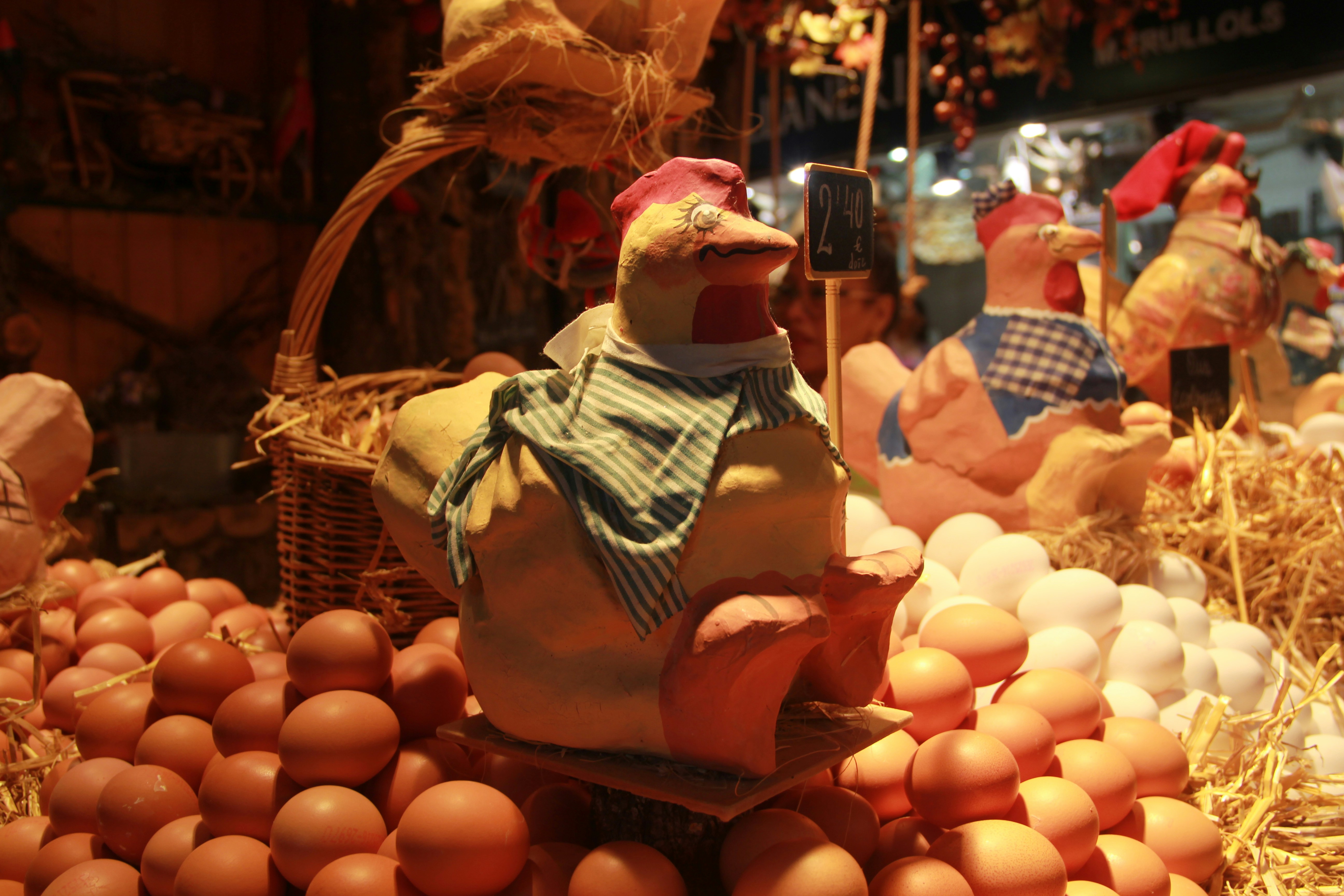 Egg-carton Rooster Parade at a Market Window