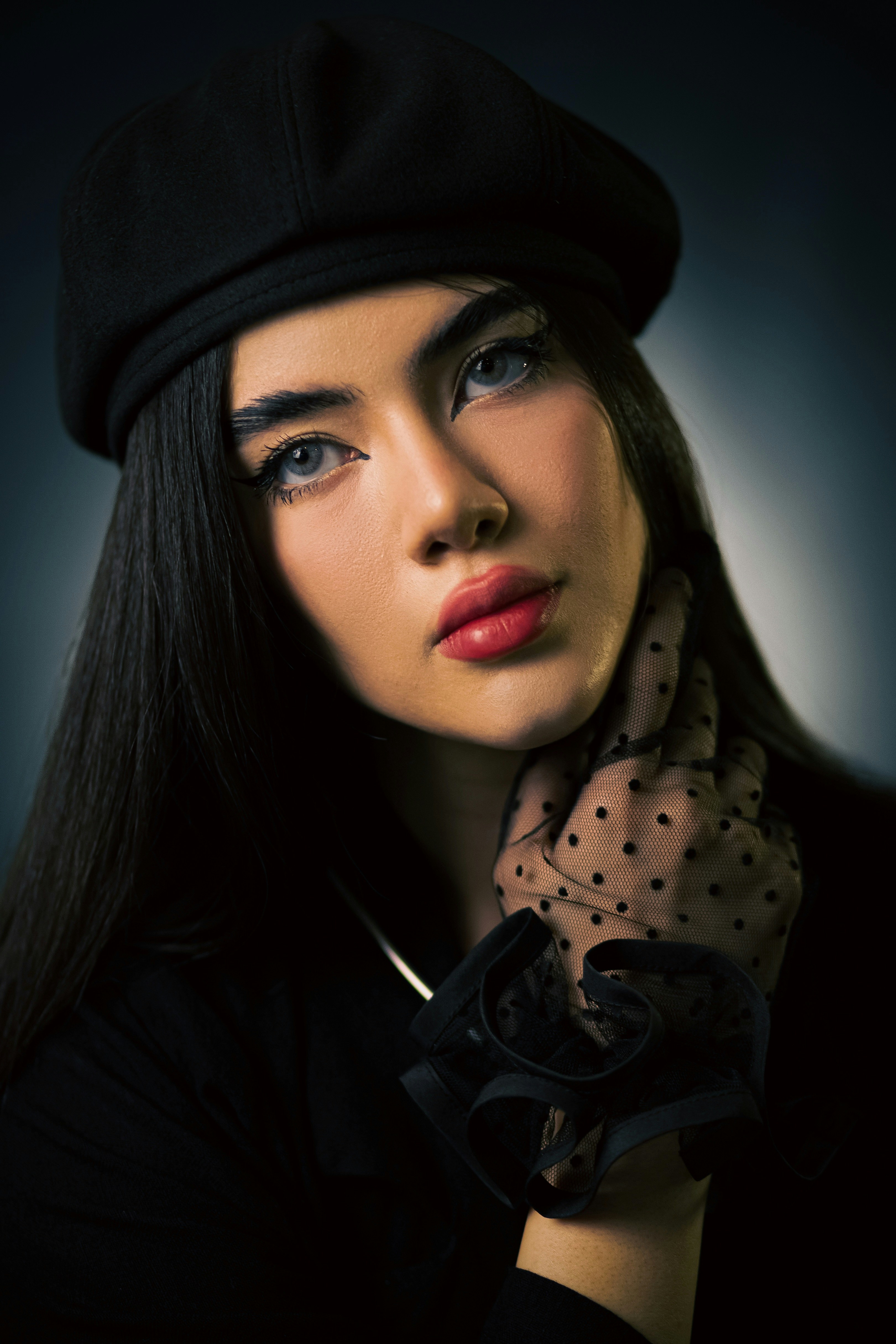 Gaze in Velvet Light: A Portrait in Basque Beret and Sheer Lace