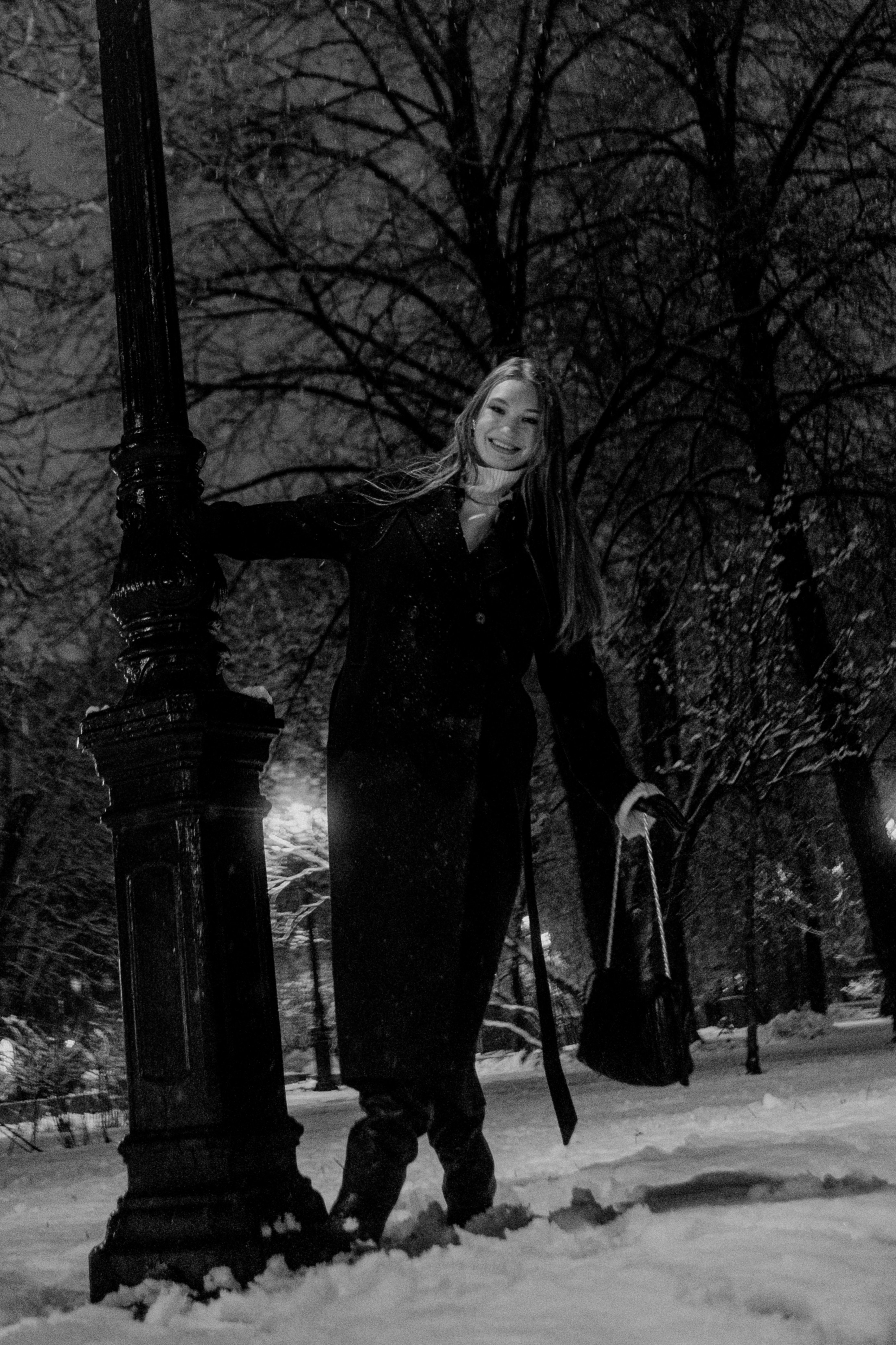 Night Stroll with a Lamp Post: A Grayscale Winter Moment